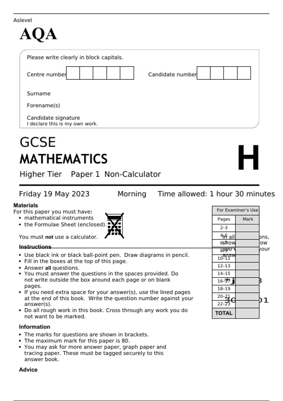 AQA GCSE MATHEMATICS Higher Tier Paper 1 JUNE 2023 QUESTION PAPER: Non ...