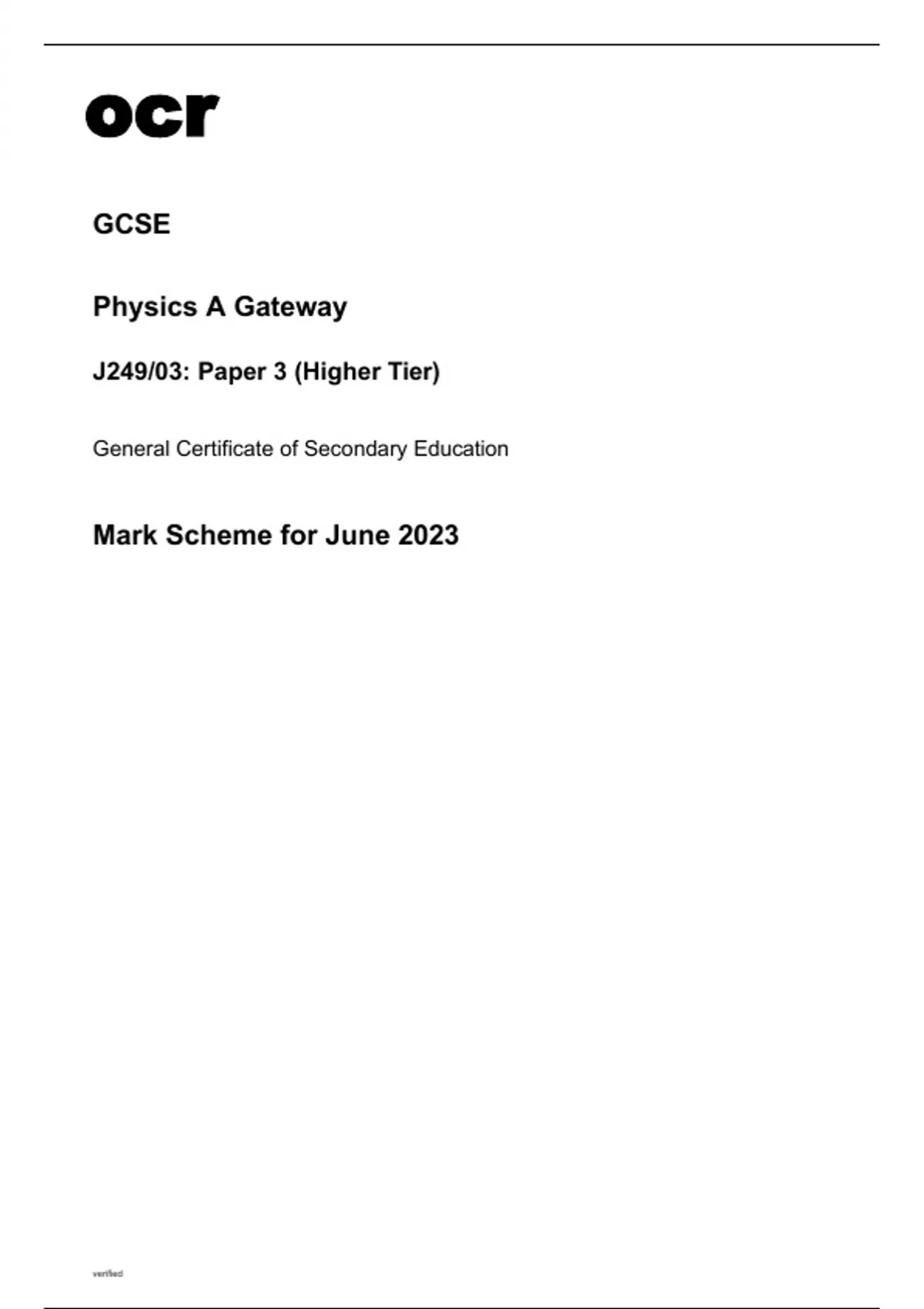 ocr GCSE Physics A Gateway J249/03 June2023 Question Paper and Mark ...