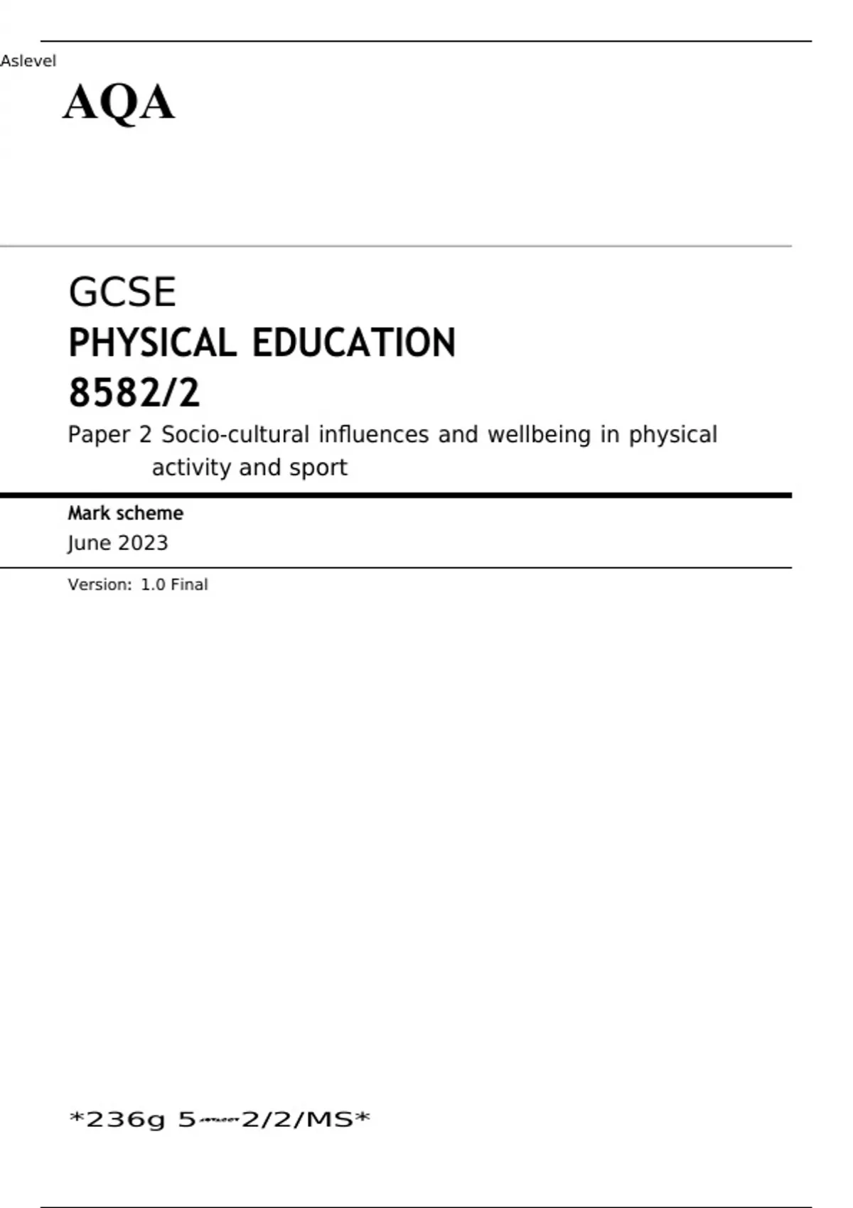 AQA GCSE PHYSICAL EDUCATION Paper 2 JUNE 2023 MARK SCHEME: Socio ...