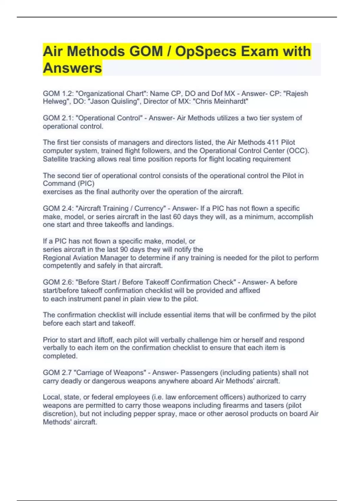 Air Methods GOM / OpSpecs Exam with Answers - Air Methods GOM / OpSpecs ...