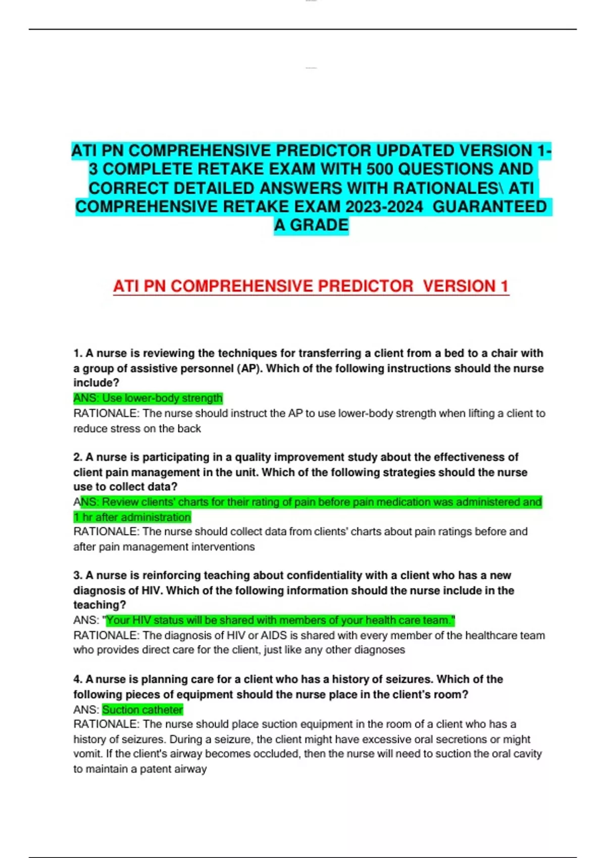 ATI PN COMPREHENSIVE PREDICTOR UPDATED VERSION 1-3 COMPLETE RETAKE EXAM ...