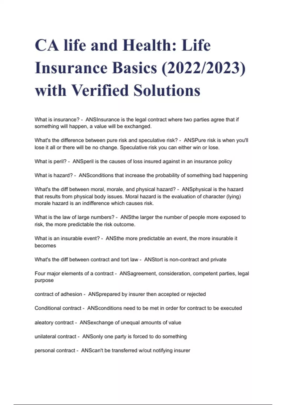 CA life and Health: Life Insurance Basics (2022/2023) with Verified ...