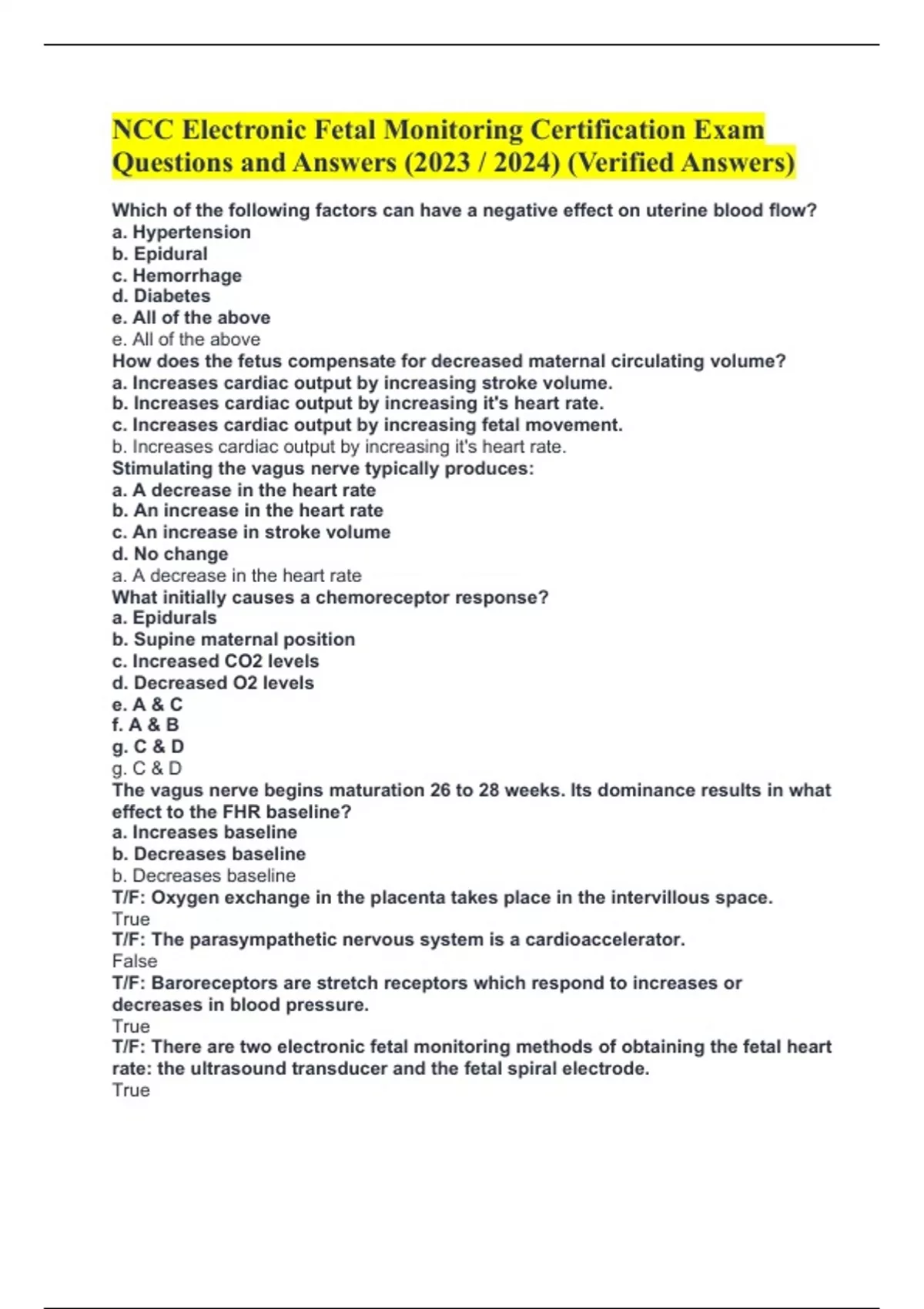 NCC Electronic Fetal Monitoring Certification Exam Questions and Answers (2023 / 2024) (Verified ...