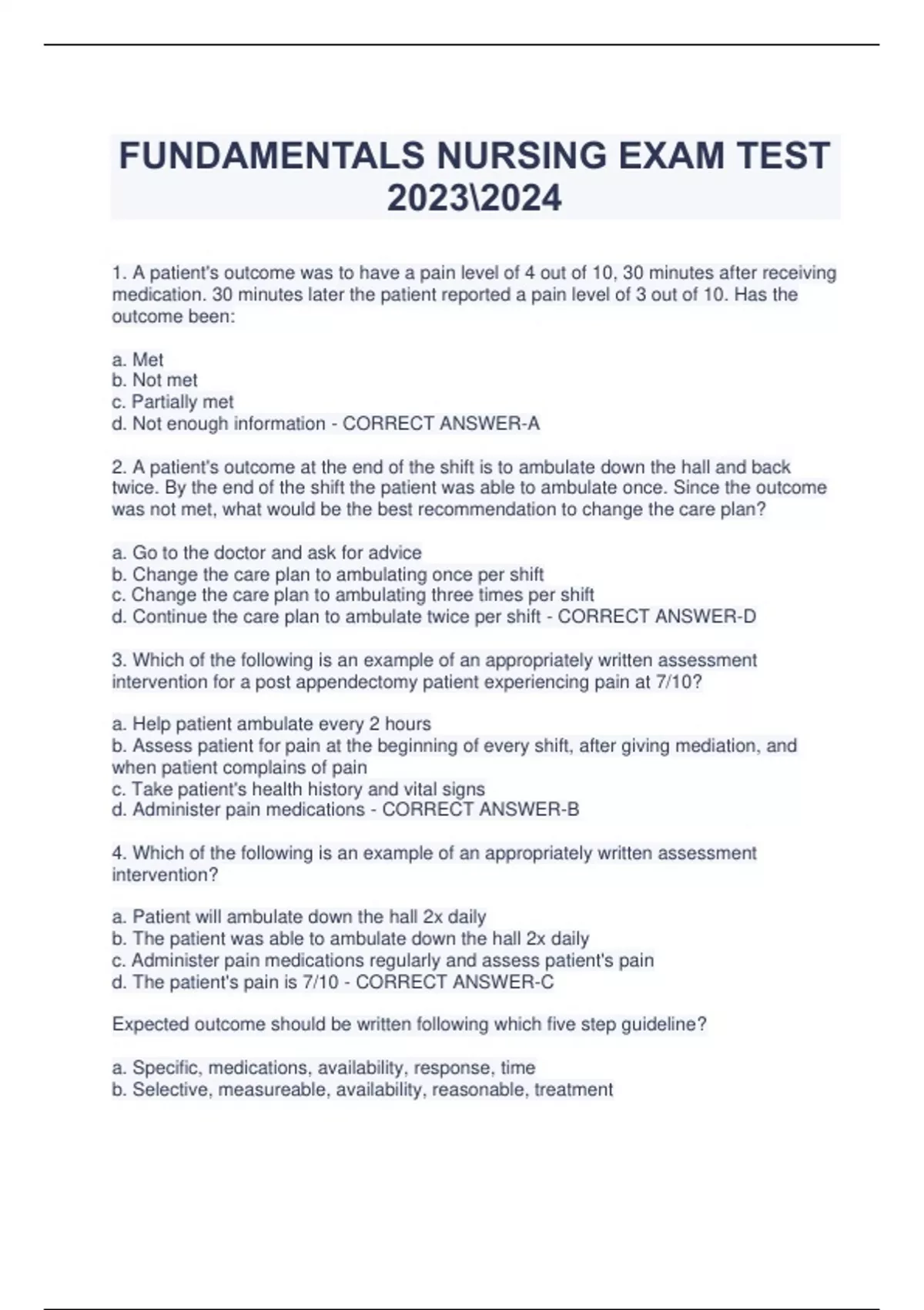 FUNDAMENTALS NURSING EXAM TEST - FUNDAMENTALS NURSING - Stuvia US
