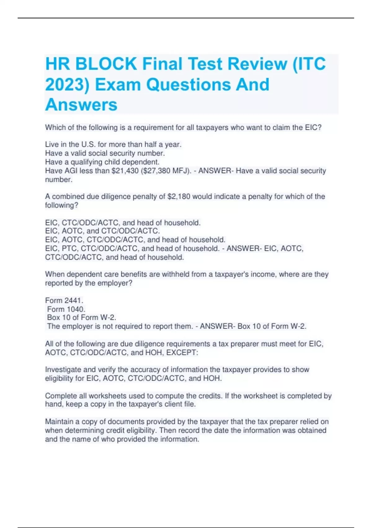 HR BLOCK Final Test Review (ITC 2023) Exam Questions And Answers - HR ...