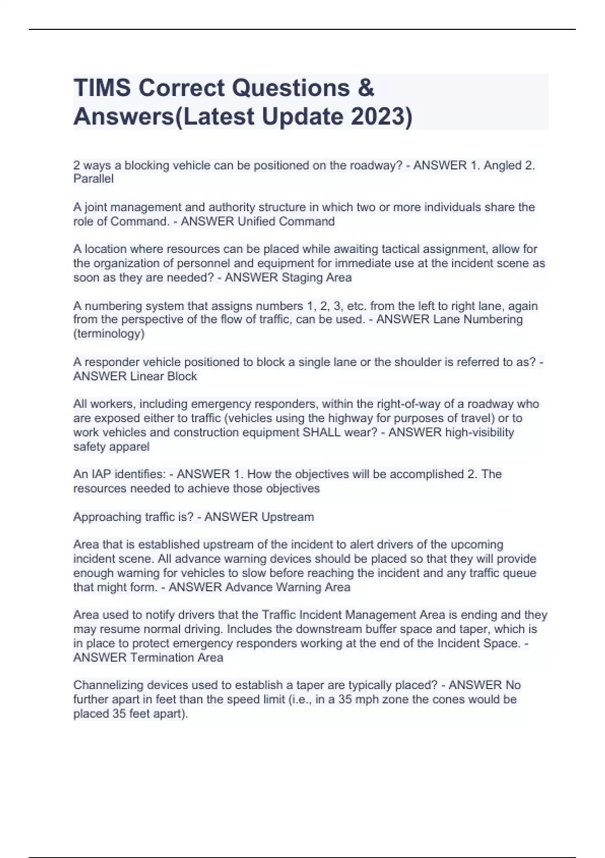 TIMS Correct Questions & Answers(Latest Update 2023) - TIMS - Stuvia US