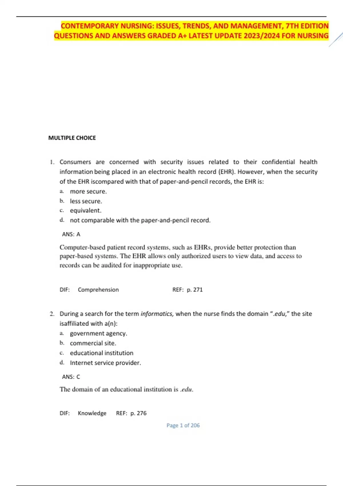 CONTEMPORARY NURSING: ISSUES, TRENDS, AND MANAGEMENT, 7TH EDITION QUESTIONS AND ANSWERS GRADED ...