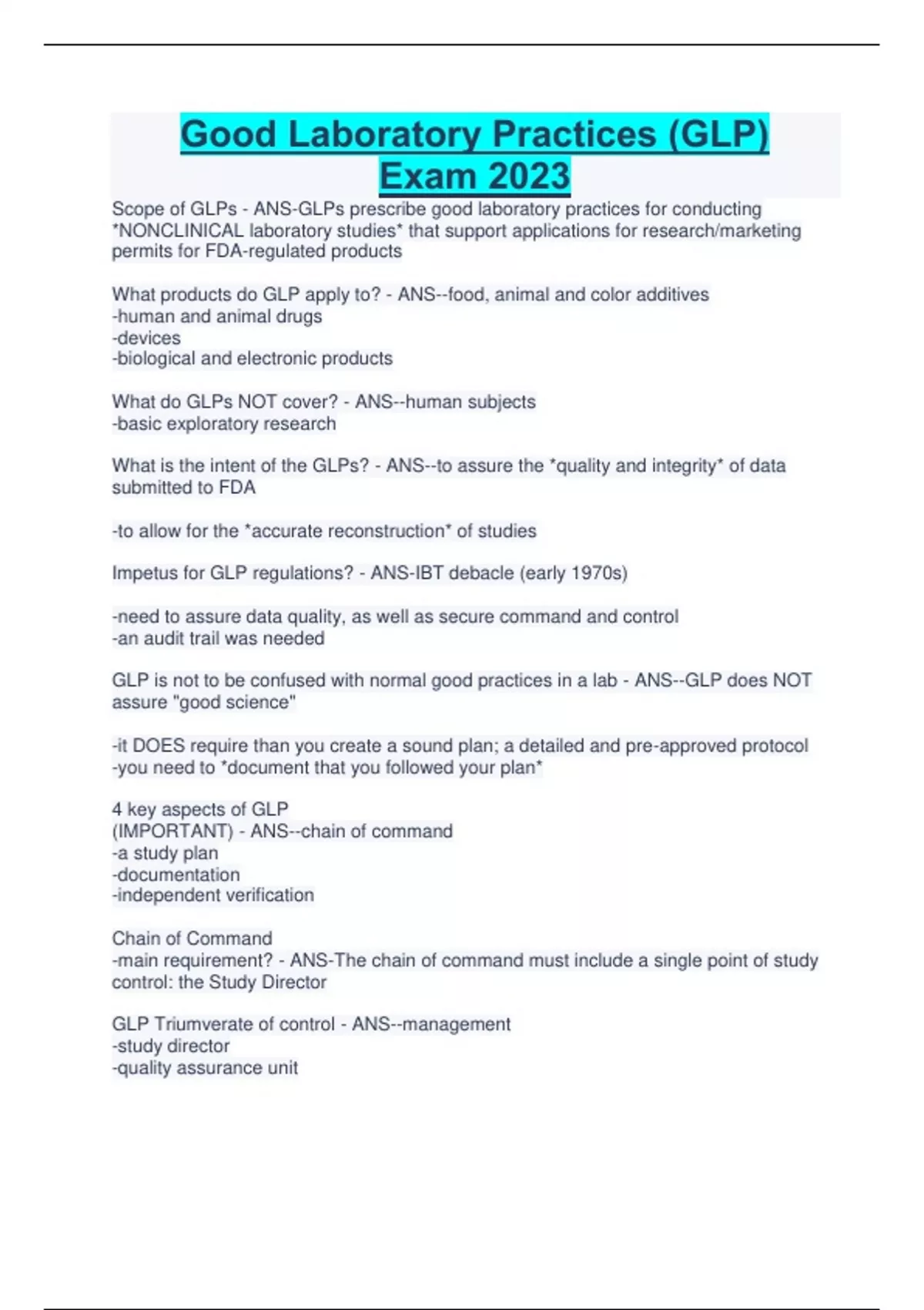 GLP 2023, Good Laboratory Practices Questions And Answers 2023, GLP Exam Review 2023, GLP ...