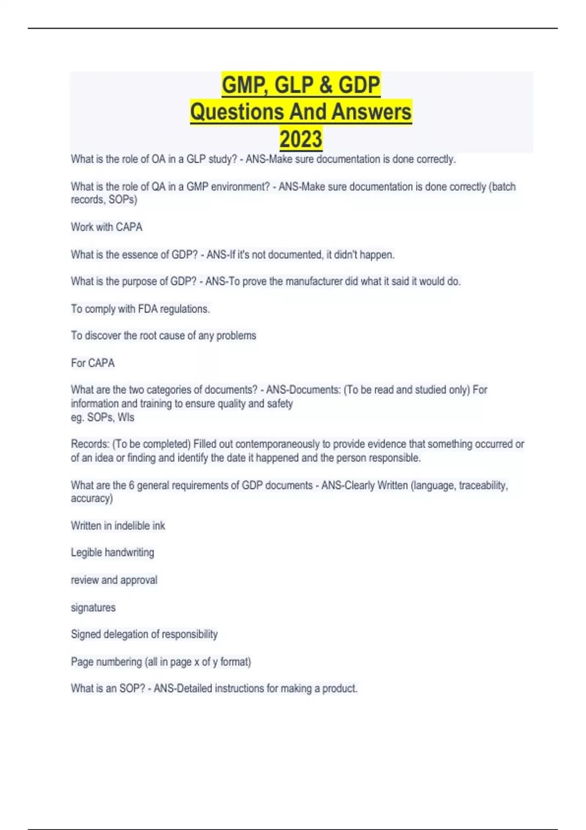 GMP, GLP & GDP Questions And Answers 2023 - GMP, GLP & GDP - Stuvia US