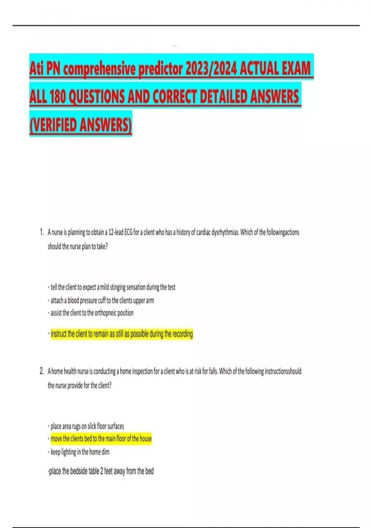 Ati PN comprehensive predictor 2023/2024 ACTUAL EXAM ALL 180 QUESTIONS ...