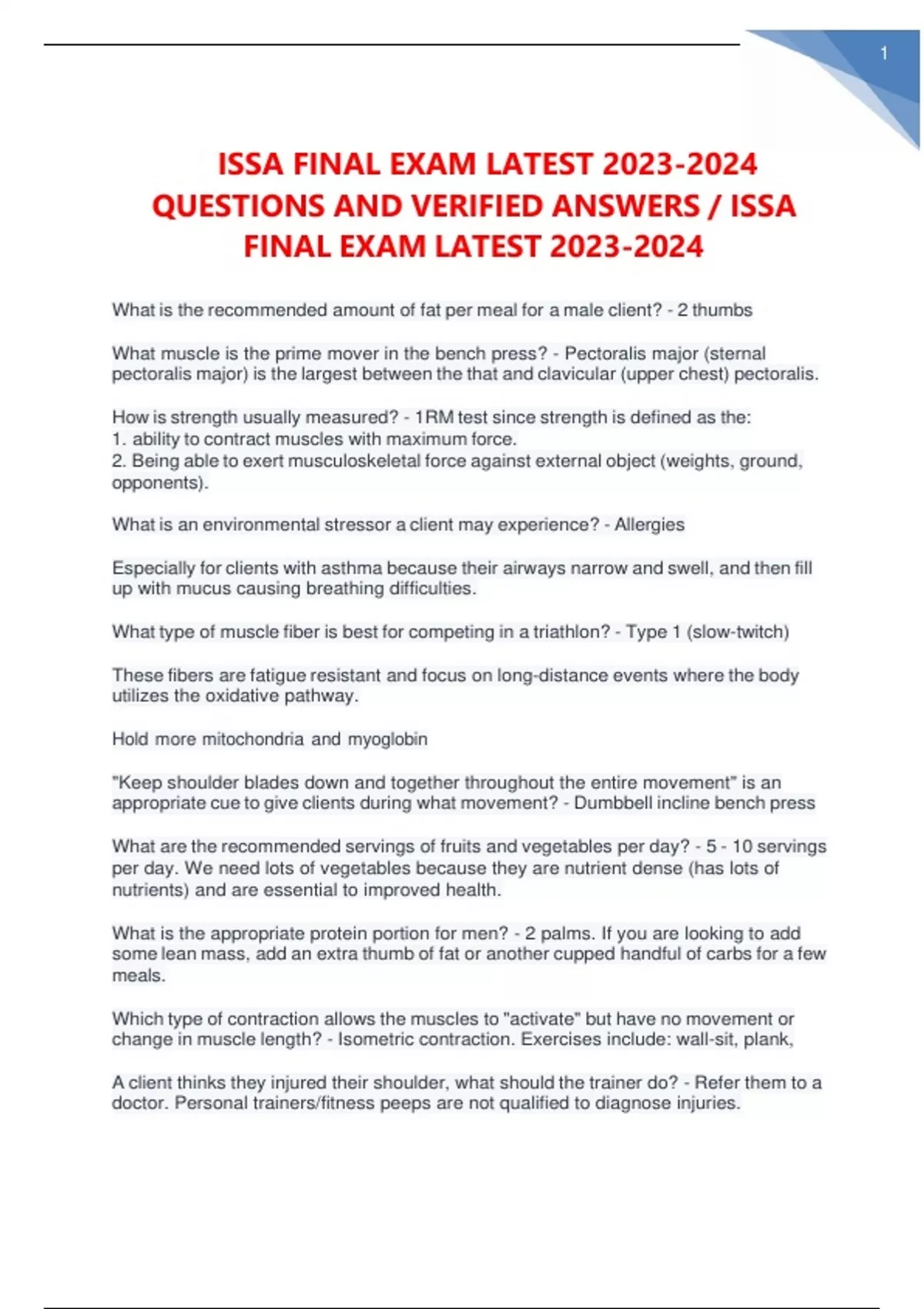 ISSA FINAL EXAM LATEST QUESTIONS AND VERIFIED ANSWERS / ISSA FINAL EXAM ...