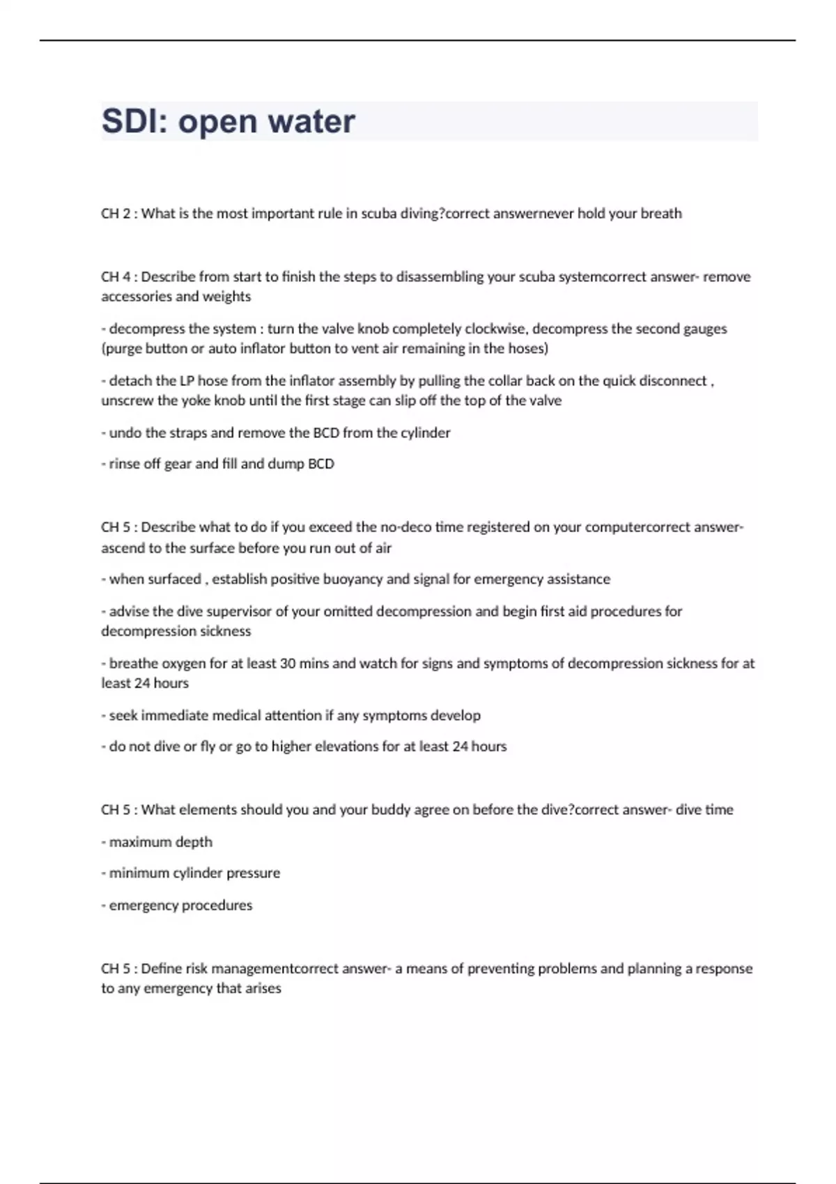 SDI: open water-exam questions with correct answers - SDI - Stuvia US