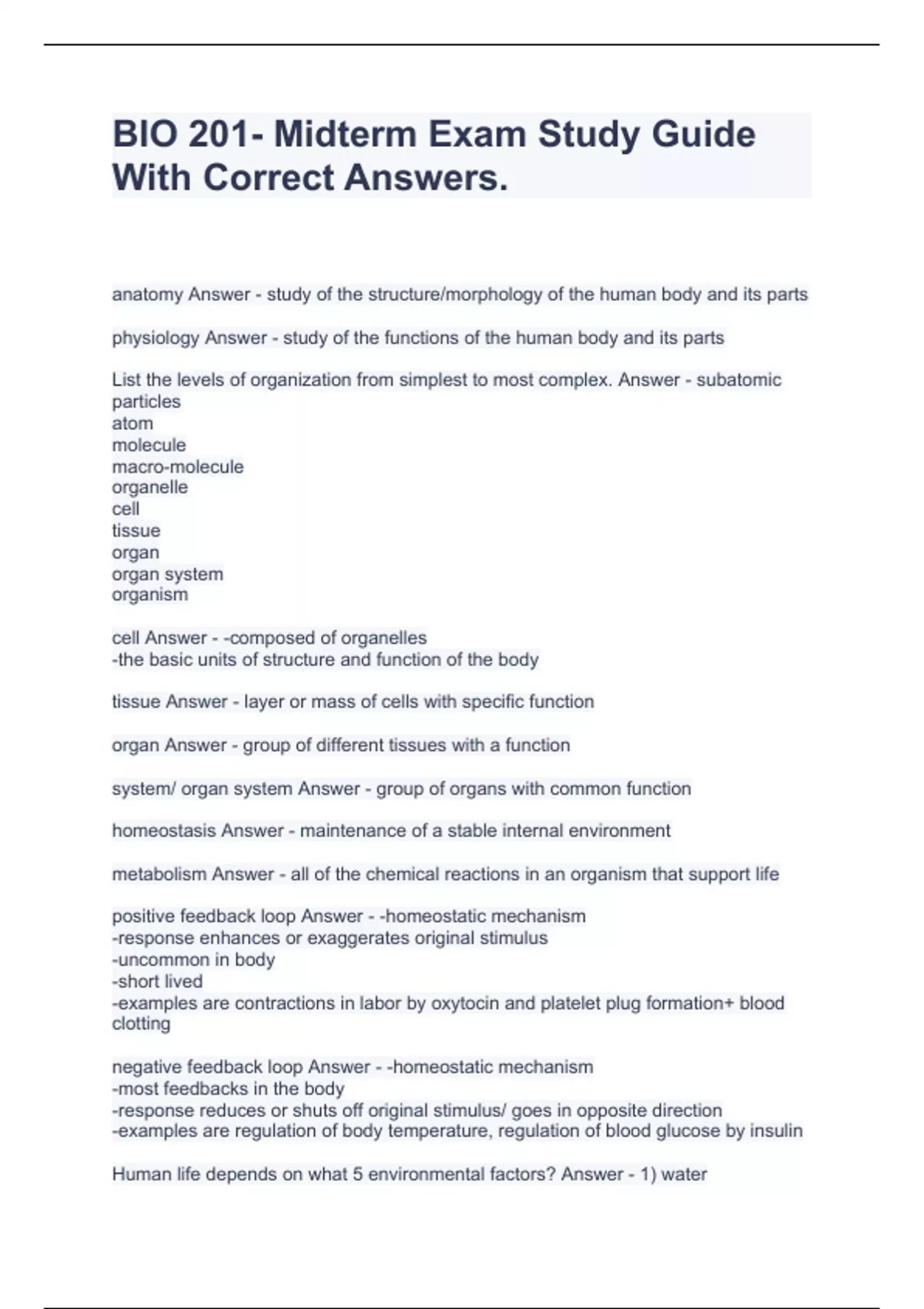 BIO 201- MIDTERM EXAM STUDY GUIDE QUESTIONS WITH 100% CORRECT ANSWERS ...