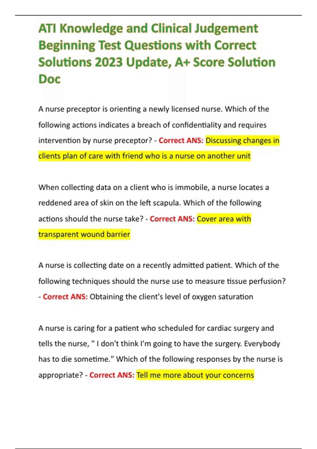 ATI Knowledge and Clinical Judgement Beginning Test Questions with ...