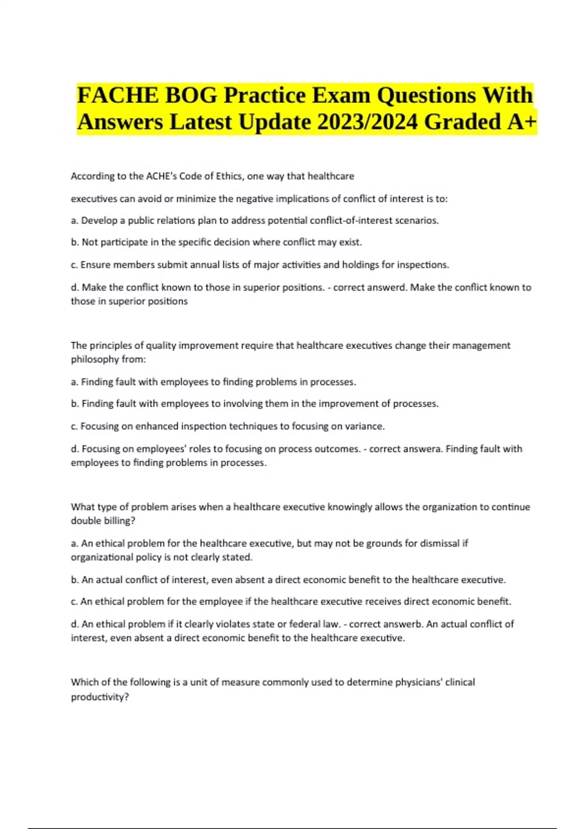 FACHE BOG Final Exam Questions With Answers Latest Updated Graded A+ ...