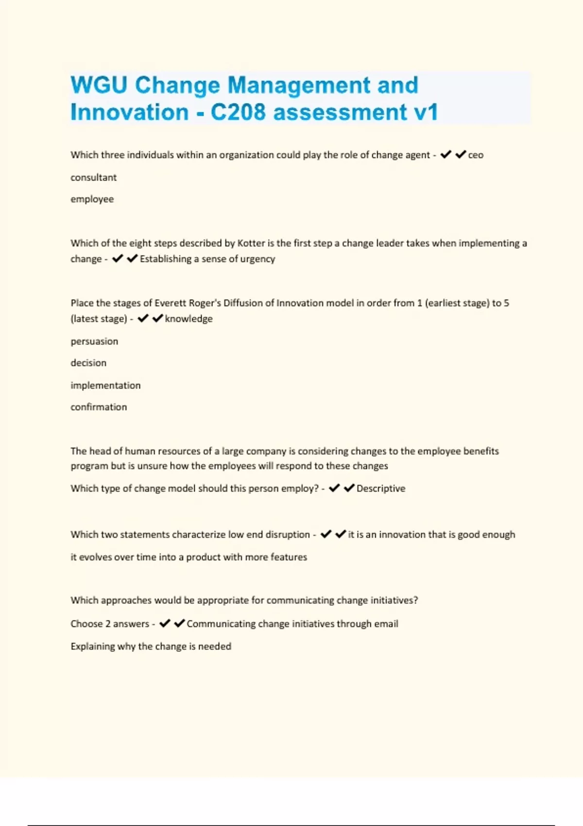 WGU Change Management and Innovation - C208 assessment v1 | 70 ...