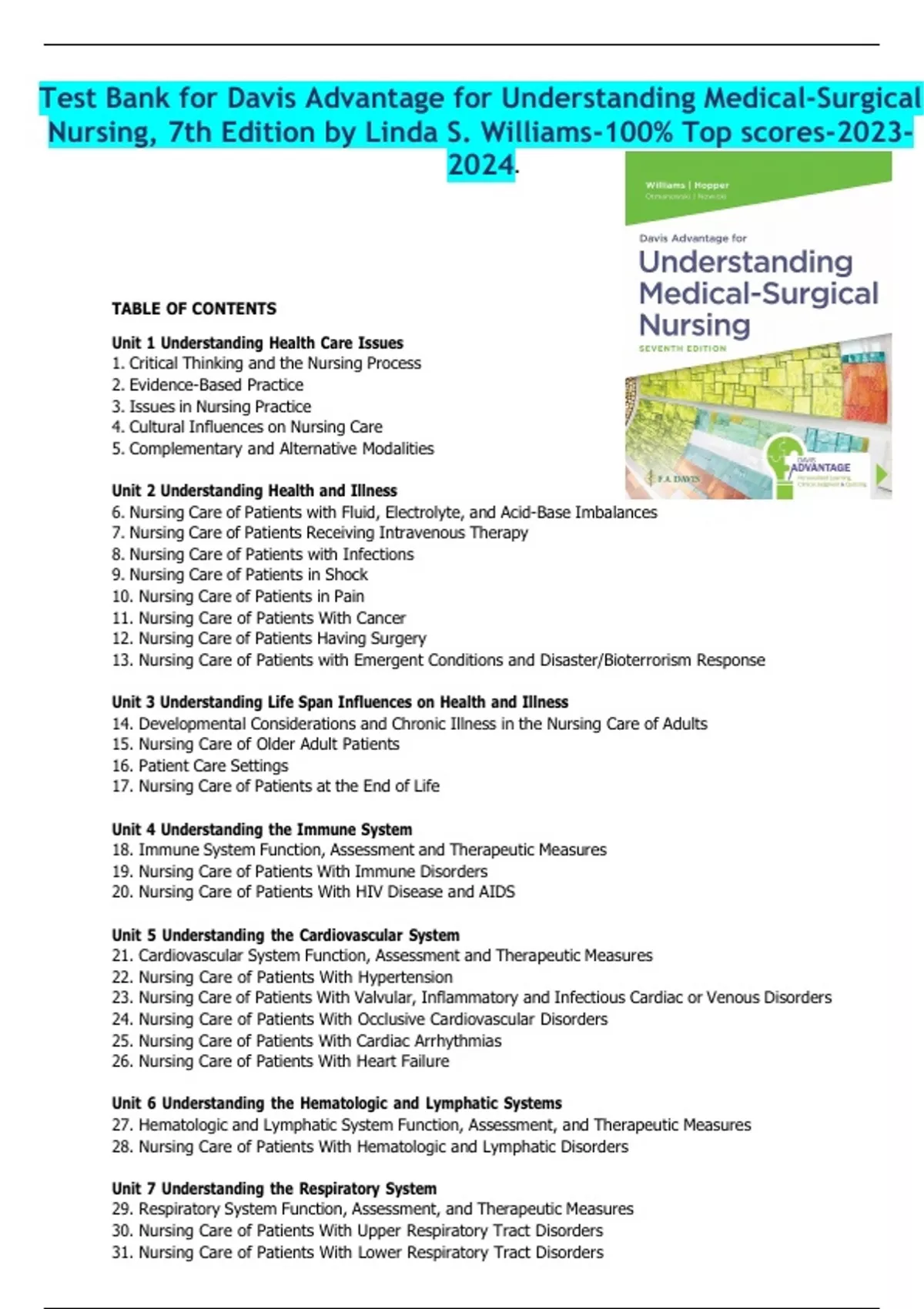 Test Bank for Davis Advantage for Understanding Medical-Surgical ...