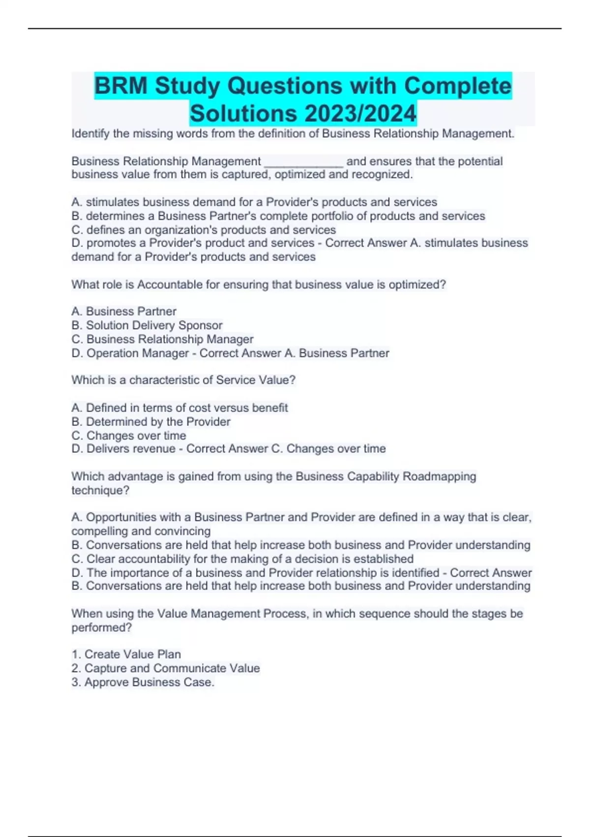 BRM Study Questions with Complete Solutions 2023/2024 - BRM - Stuvia US