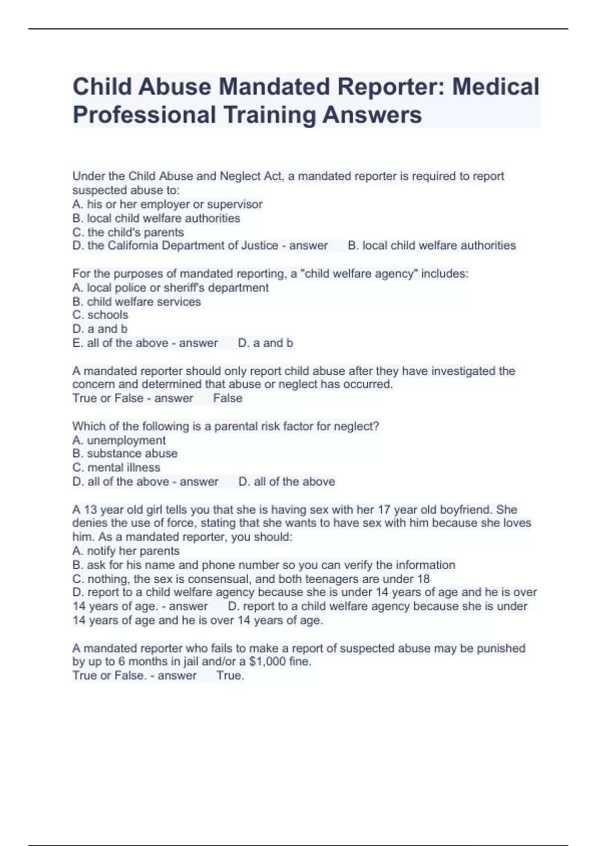 Child Abuse Mandated Reporter Questions and Answers 100% correct ...