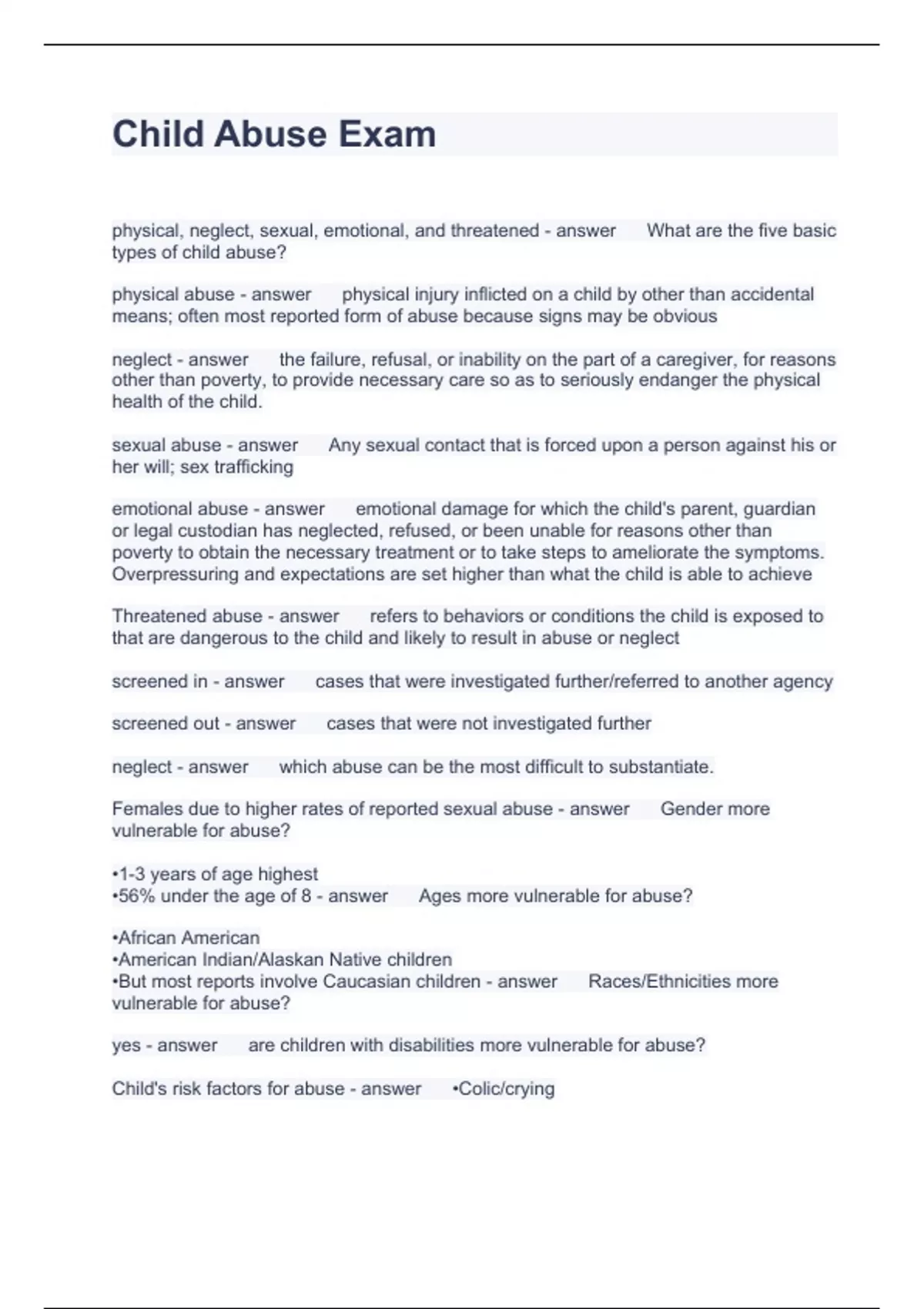 Child Abuse Exam Questions and Answers 100% Accurate 2023 - Child abuse ...