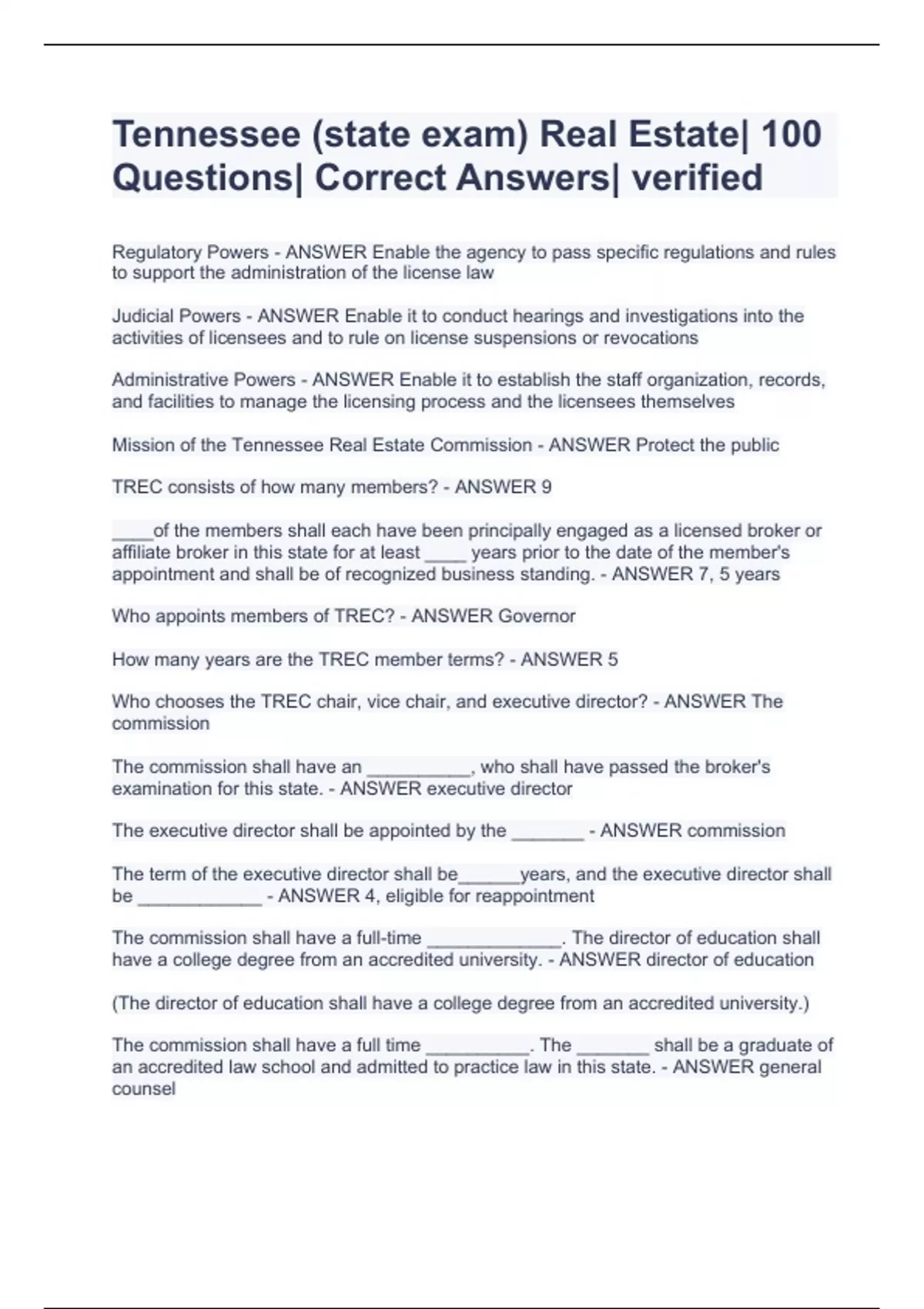 Tennessee (state exam) Real Estate| 100 Questions| Correct Answers ...