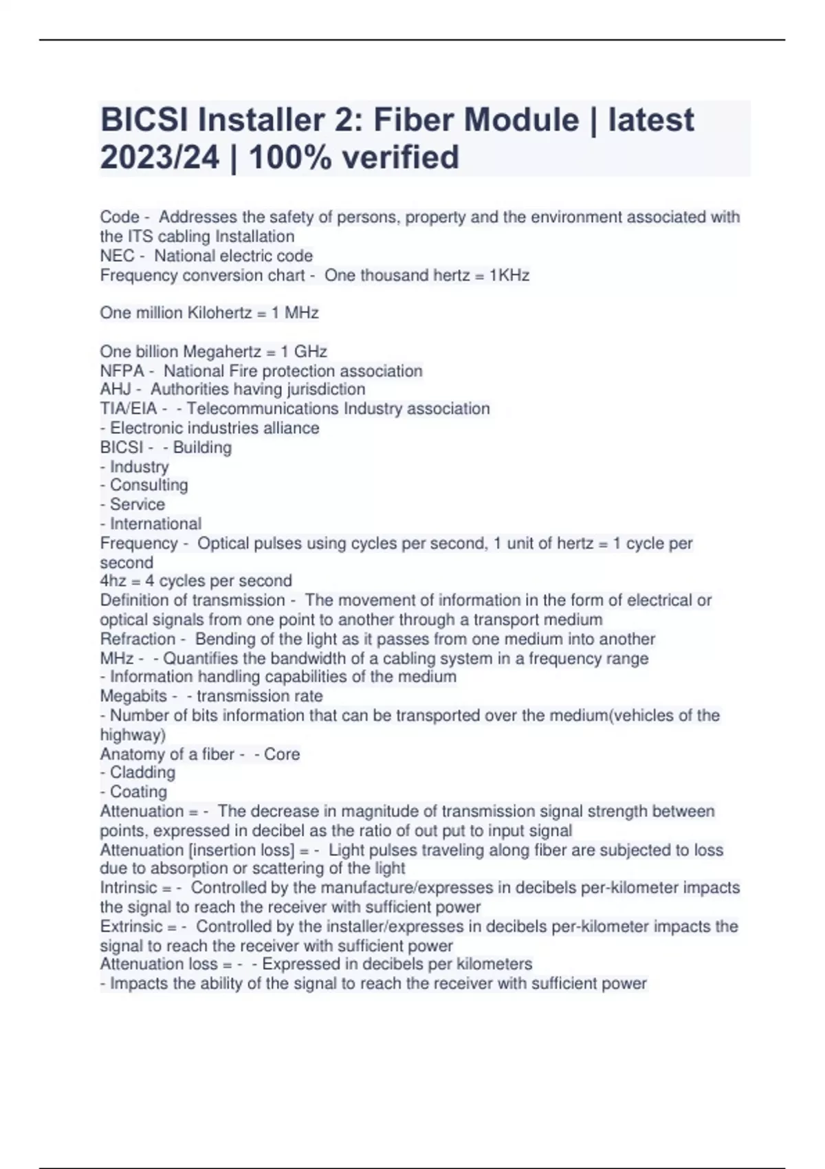 BICSI Installer 2: Fiber Module | latest 2023/24 | 100% verified ...