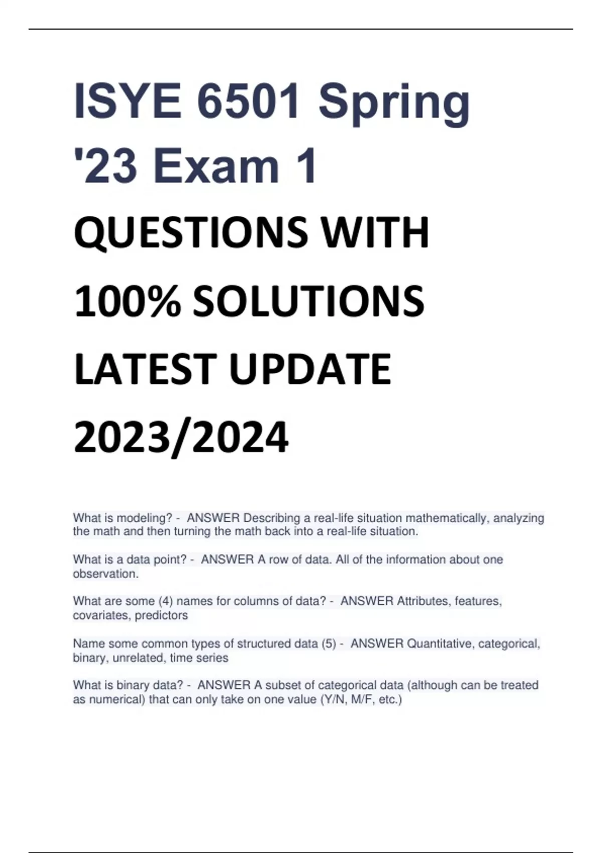 ISYE 6501 Spring '23 Exam 1 QUESTIONS WITH 100% SOLUTIONS LATEST UPDATE ...