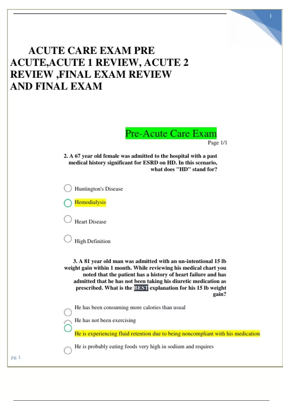 ACUTE CARE EXAM PRE ACUTE,ACUTE 1 REVIEW, ACUTE 2 REVIEW ,FINAL EXAM ...