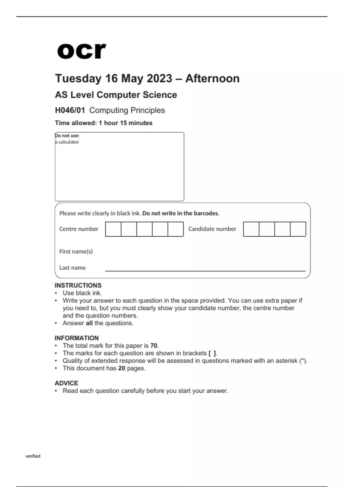 ocr AS Level Computer Science H046/01 Question Paper and Mark Scheme June2023. - Stuvia US