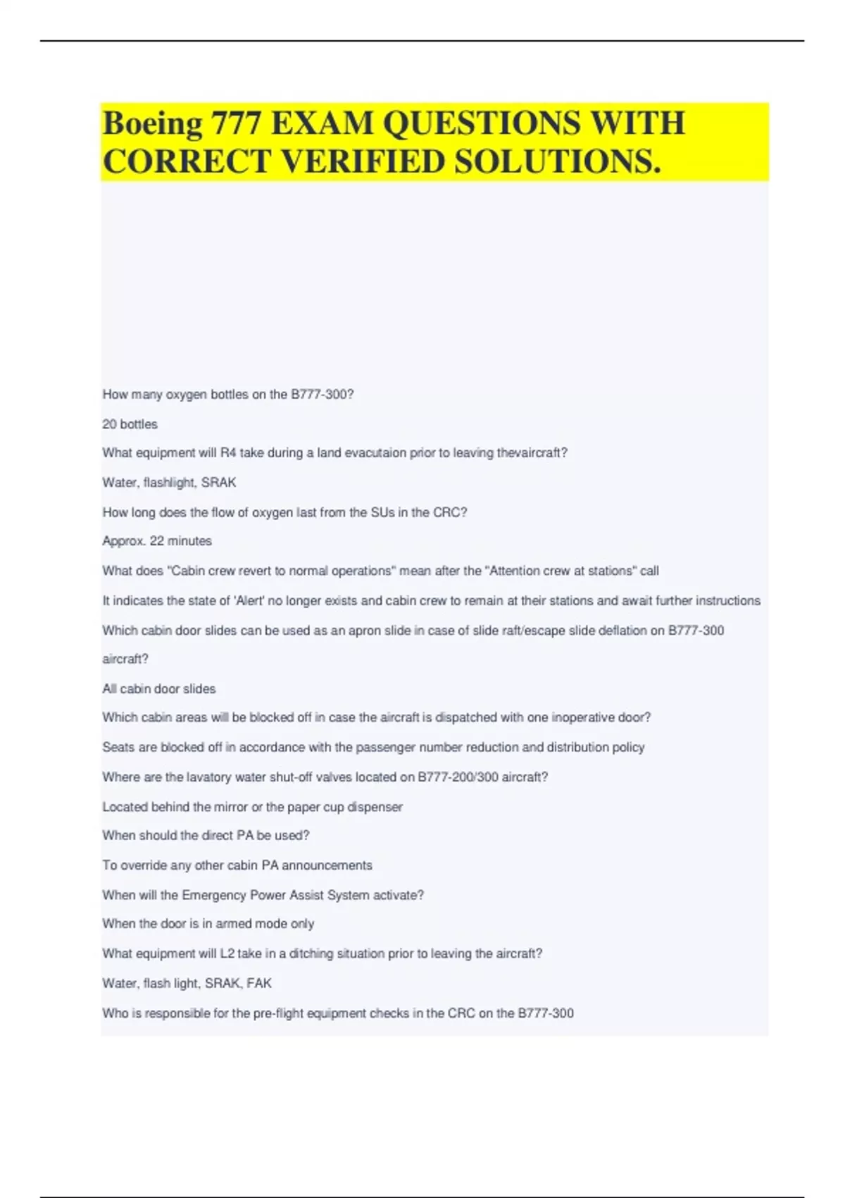Boeing 777 EXAM QUESTIONS WITH CORRECT VERIFIED SOLUTIONS. - Boeing 777 ...