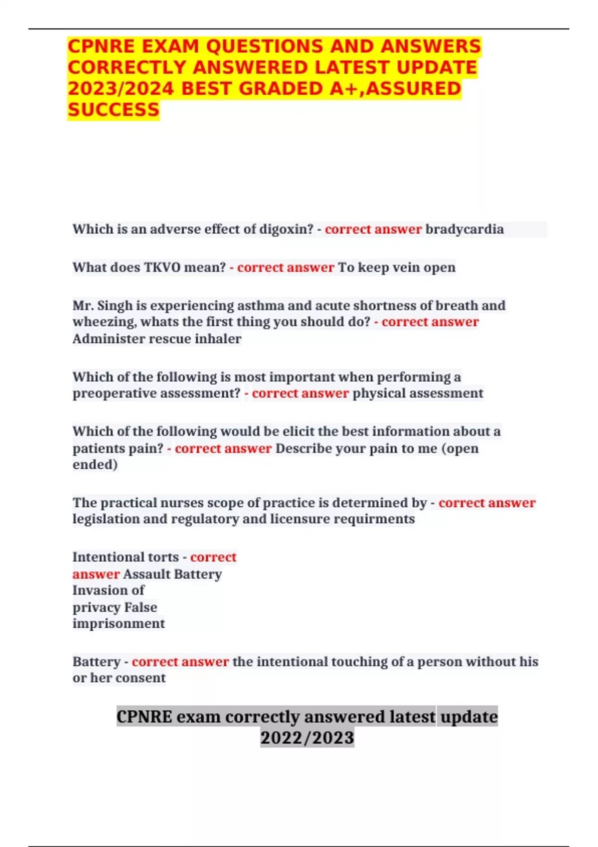 CPNRE EXAM QUESTIONS AND ANSWERS CORRECTLY ANSWERED LATEST UPDATE 2023/ ...