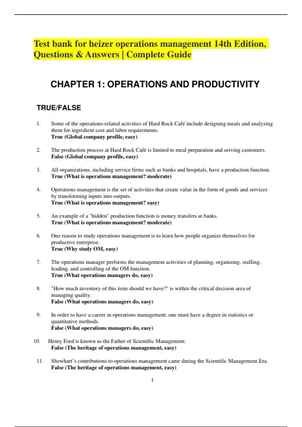 Test bank for heizer operations management 14th Edition, Questions ...