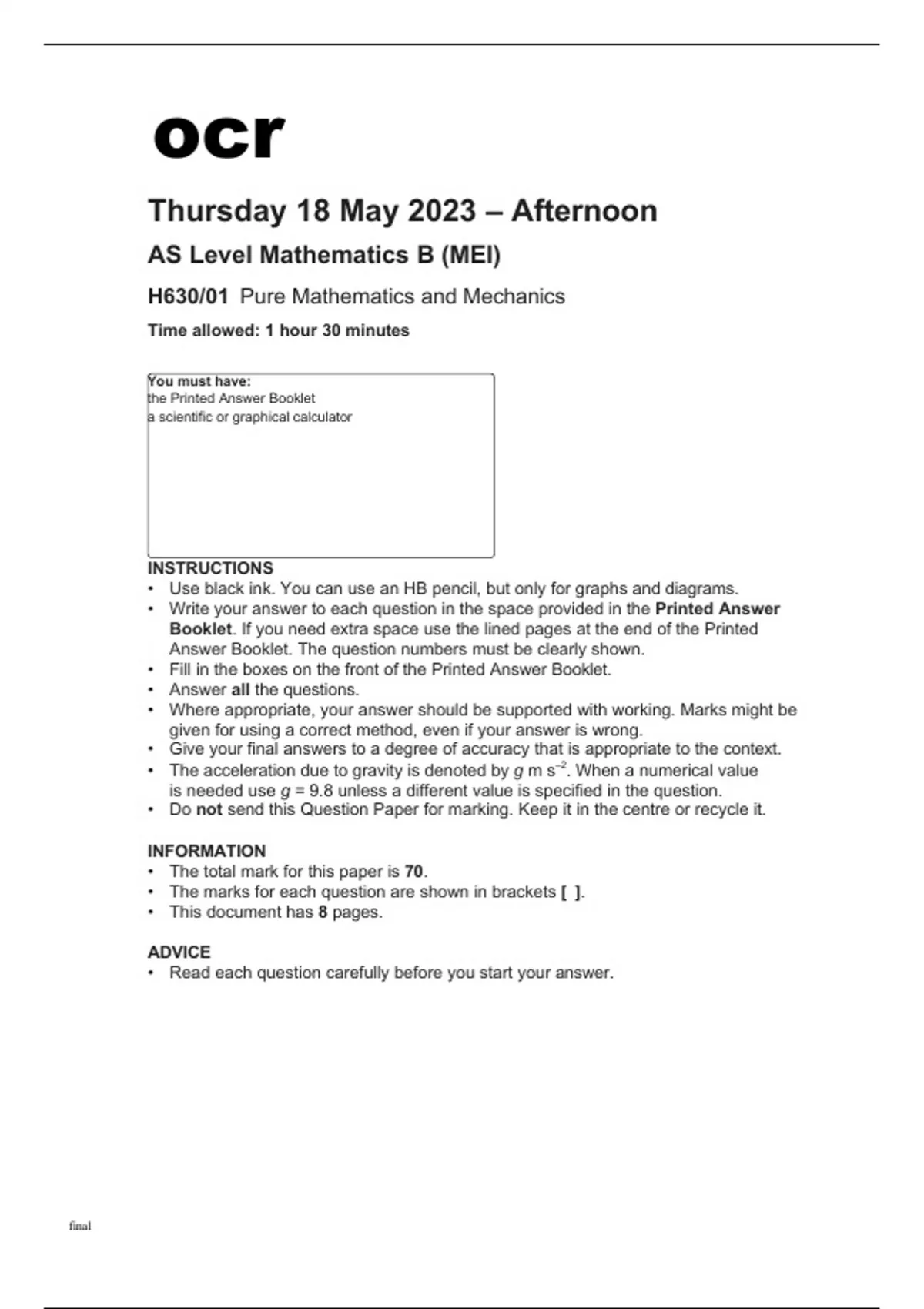 ocr AS Level Mathematics B (MEI) H630/01 Question Paper May2023. - AS ...