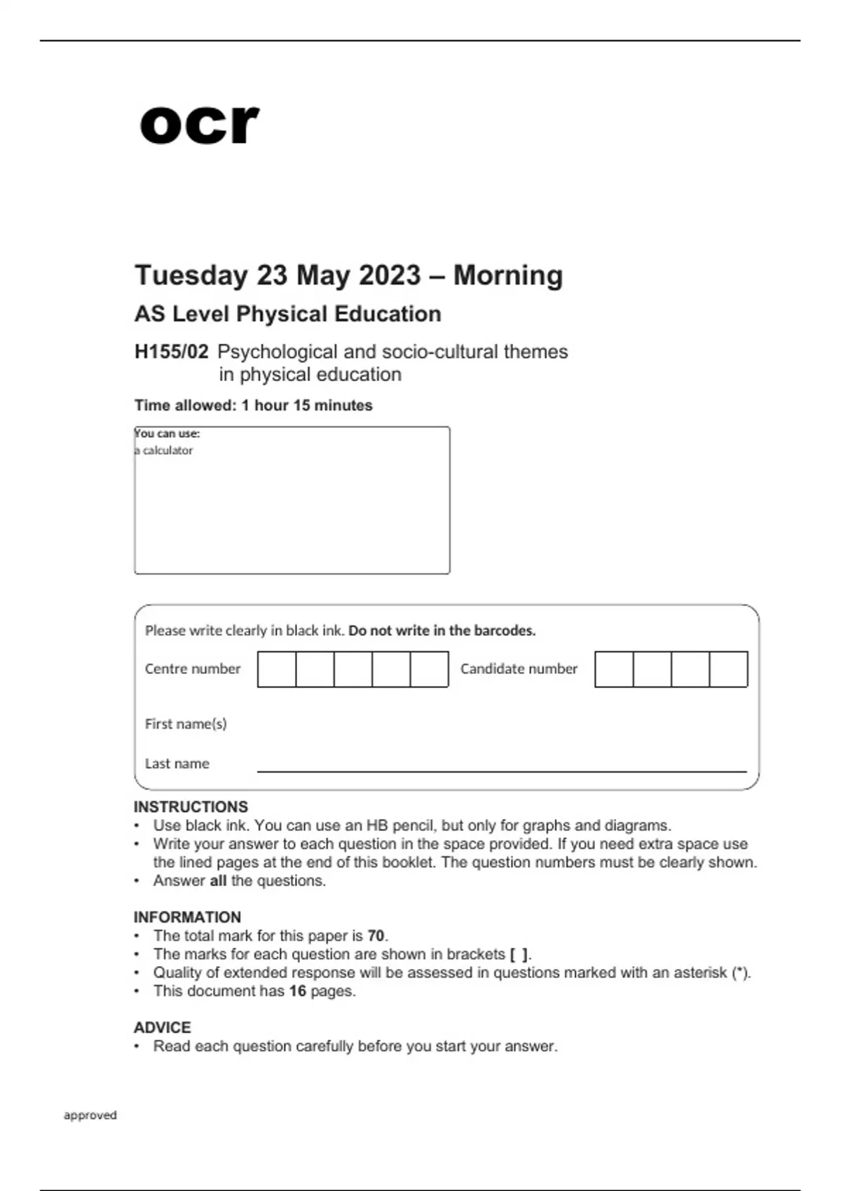 ocr AS Level Physical Education H155/02 Question Paper and Mark Scheme ...