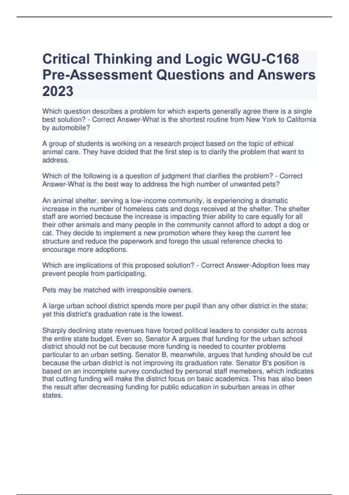 Critical Thinking and Logic WGU-C168 Pre-Assessment Questions and Answers - Critical Thinking ...
