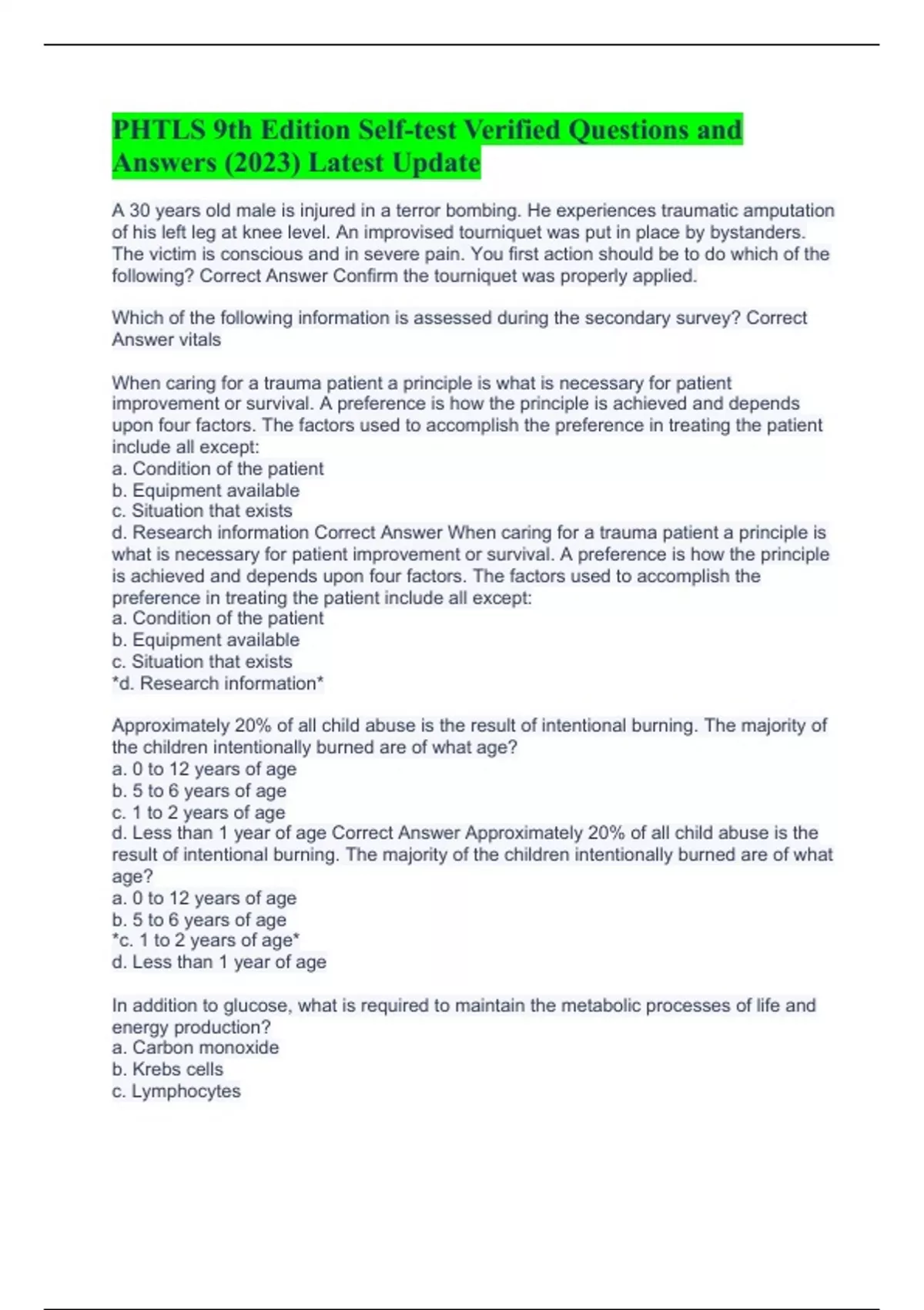 PHTLS 9th Edition Self-test Verified Questions and Answers (2023 ...