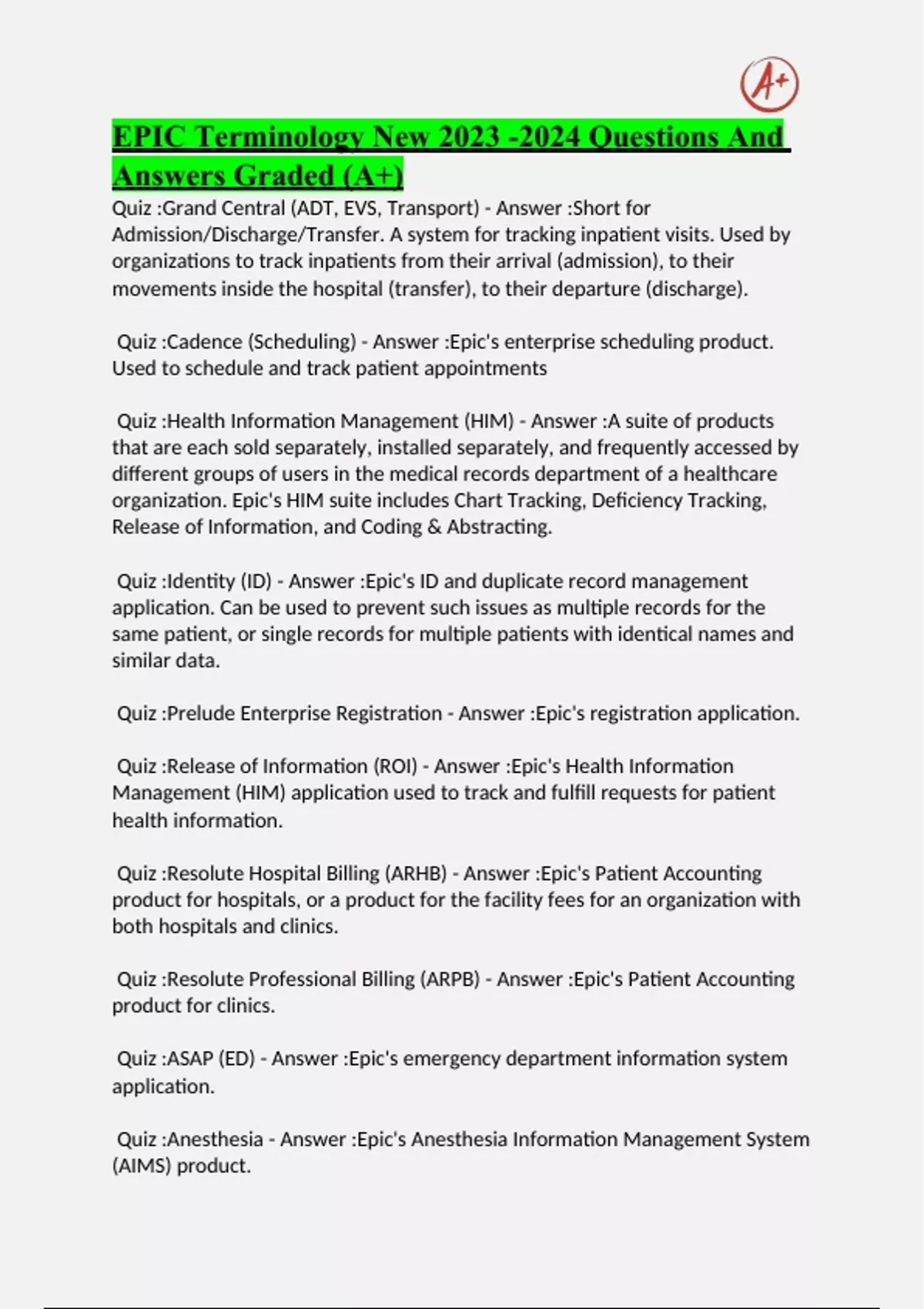 EPIC Terminology New Questions And Answers Graded (A+) - EPIC ...