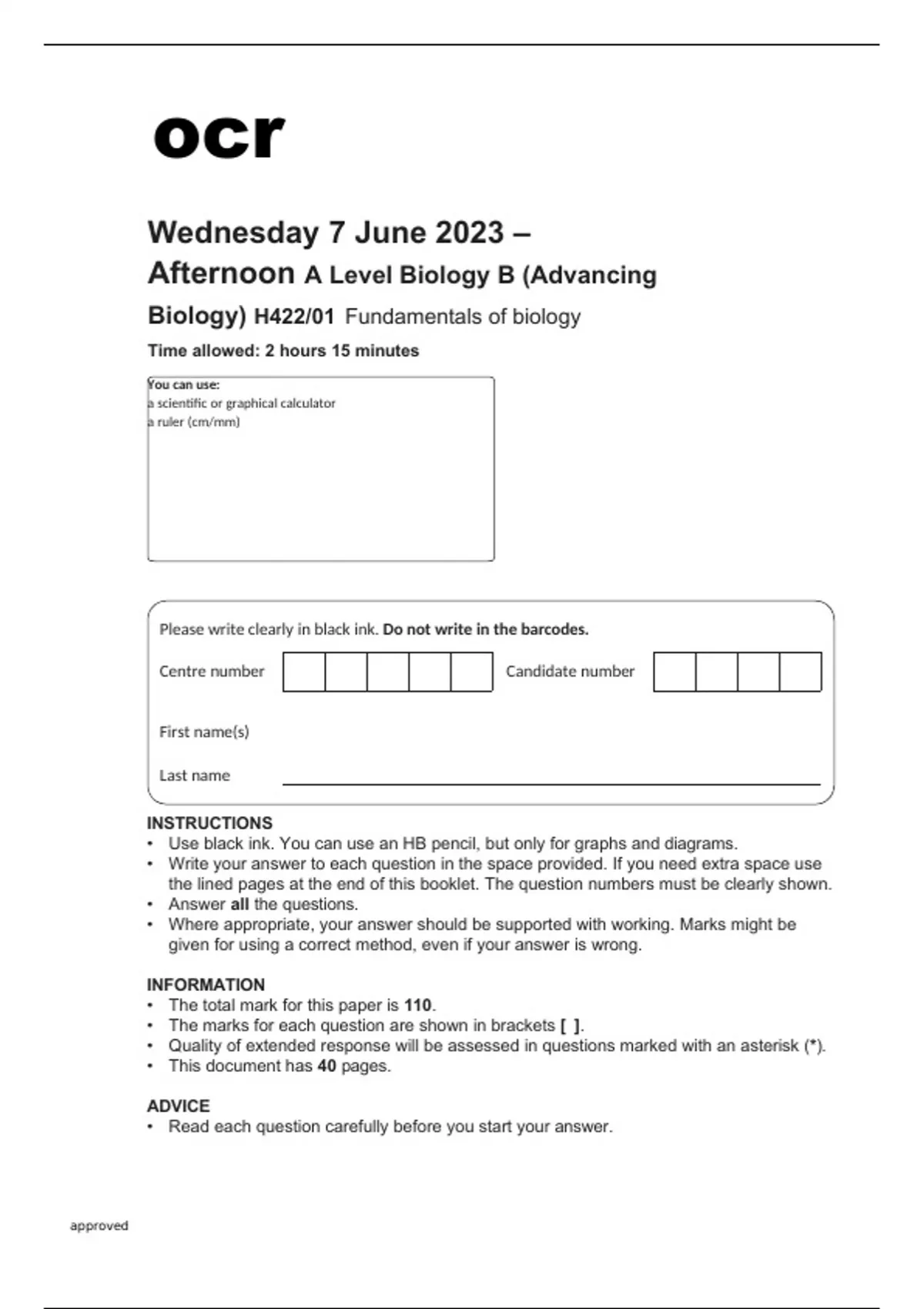 ocr A Level Biology B H422/01 Question Paper and Mark Scheme June2023 ...