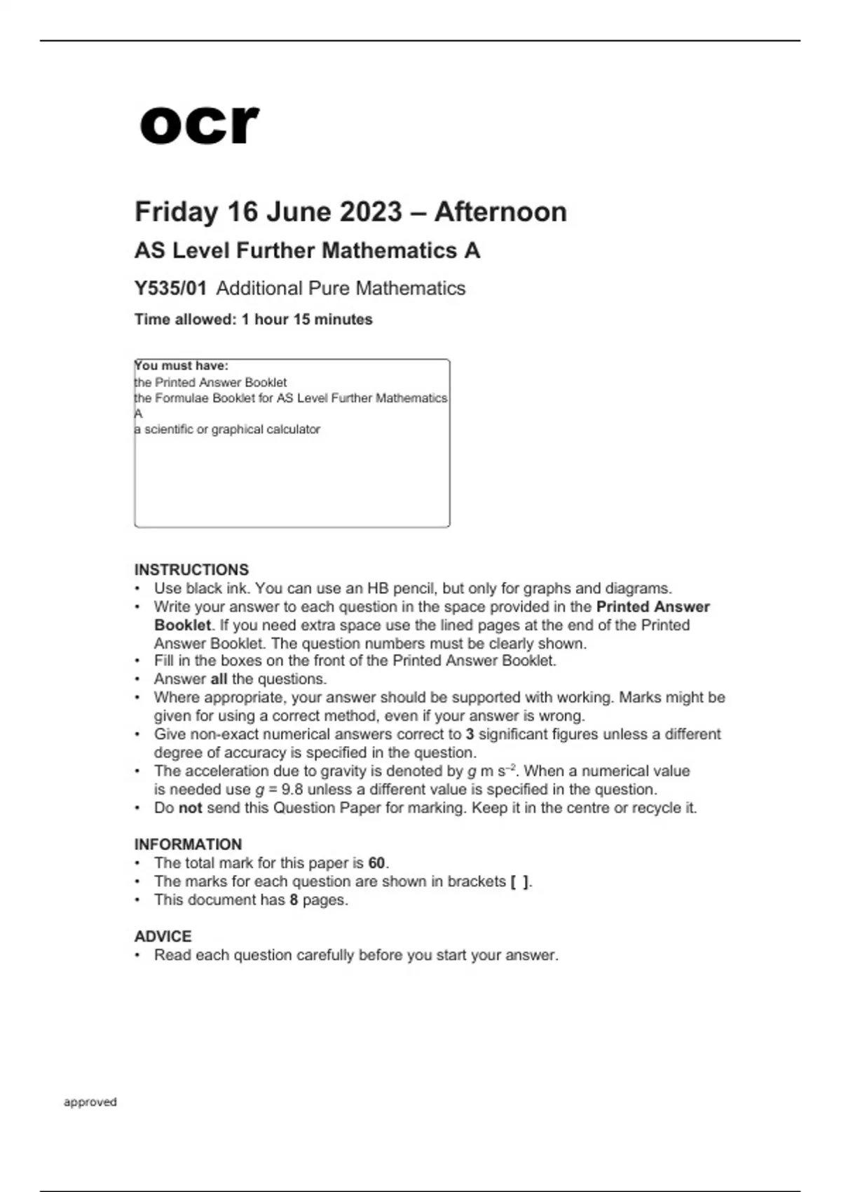 ocr AS Level Further Mathematics A Y535/01 Question Paper and Mark ...