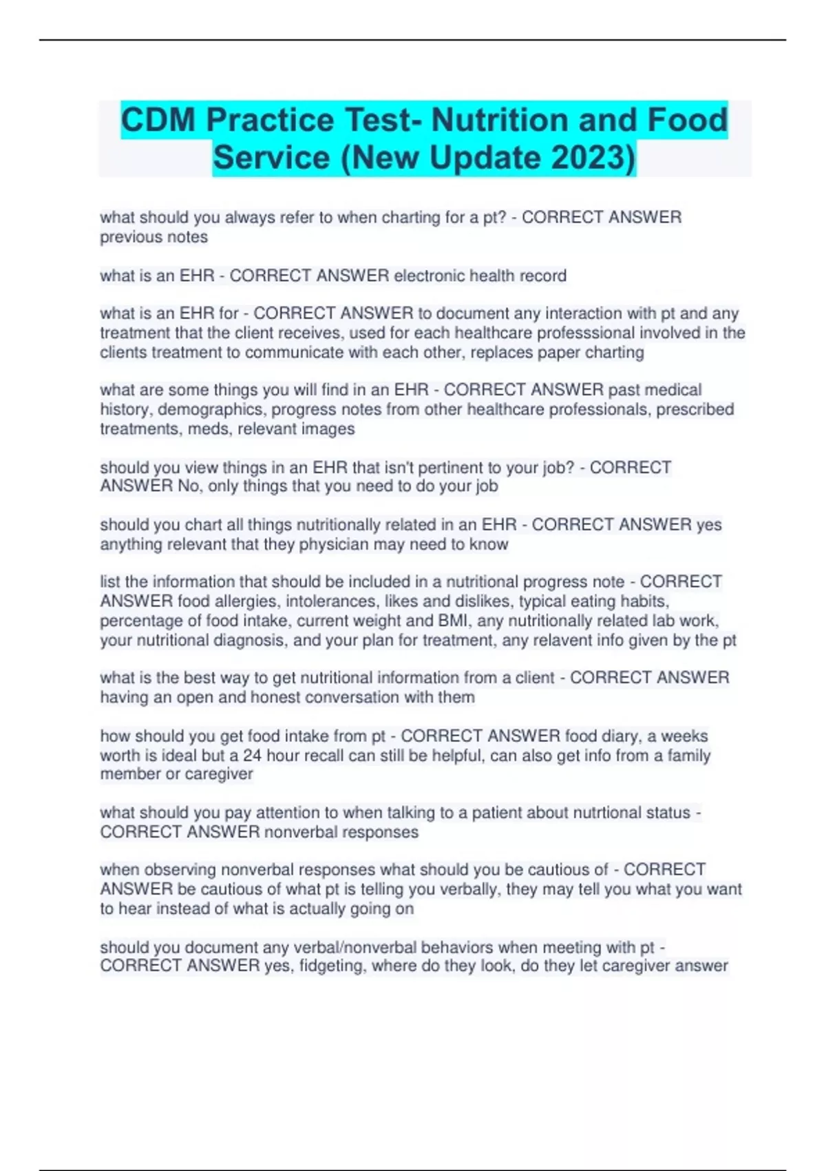 CDM Practice Test- Nutrition and Food Service (New Update 2023 ...