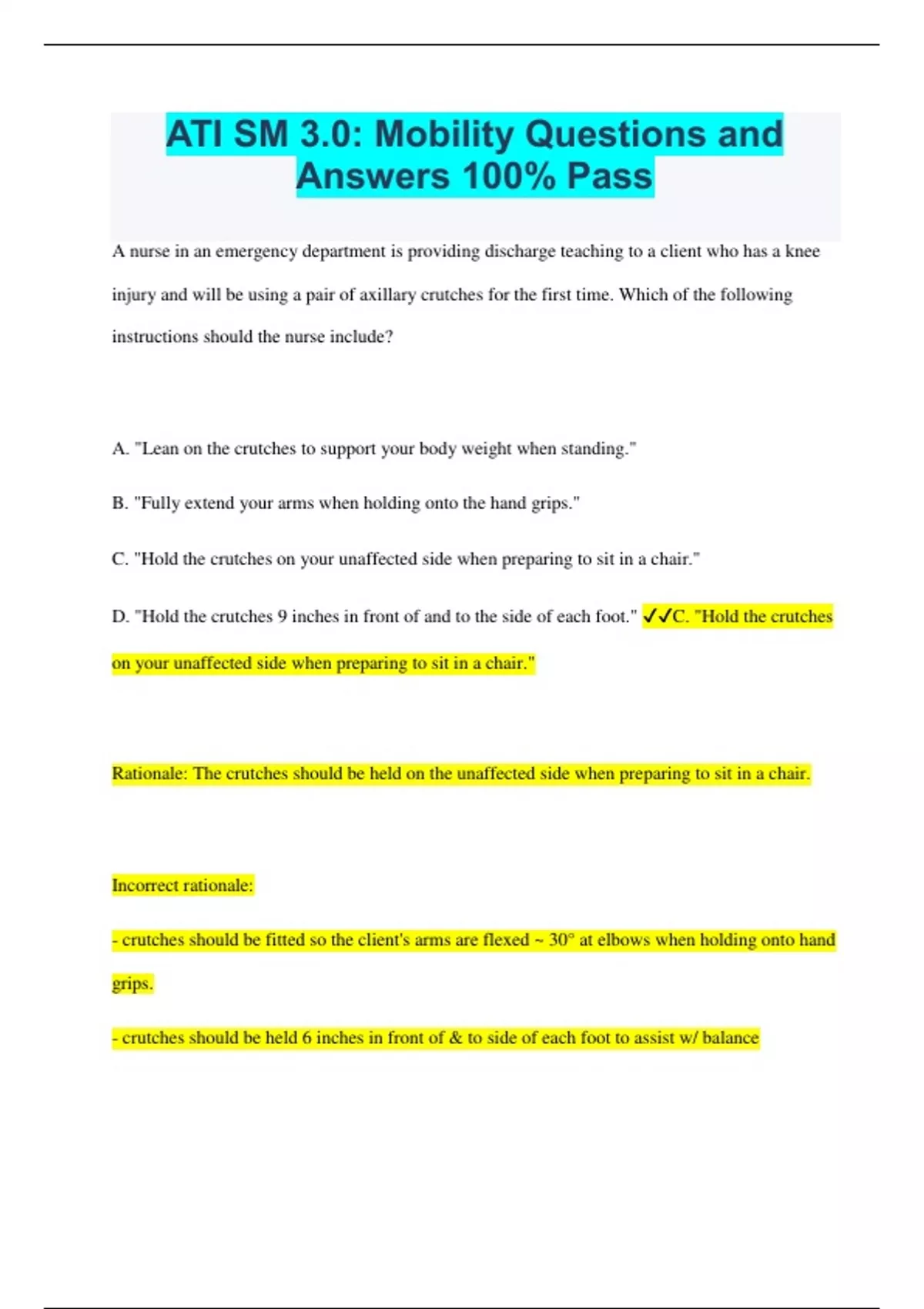 ATI SM 3.0: Mobility Questions and Answers 100% Pass - ATI SM 3.0 ...