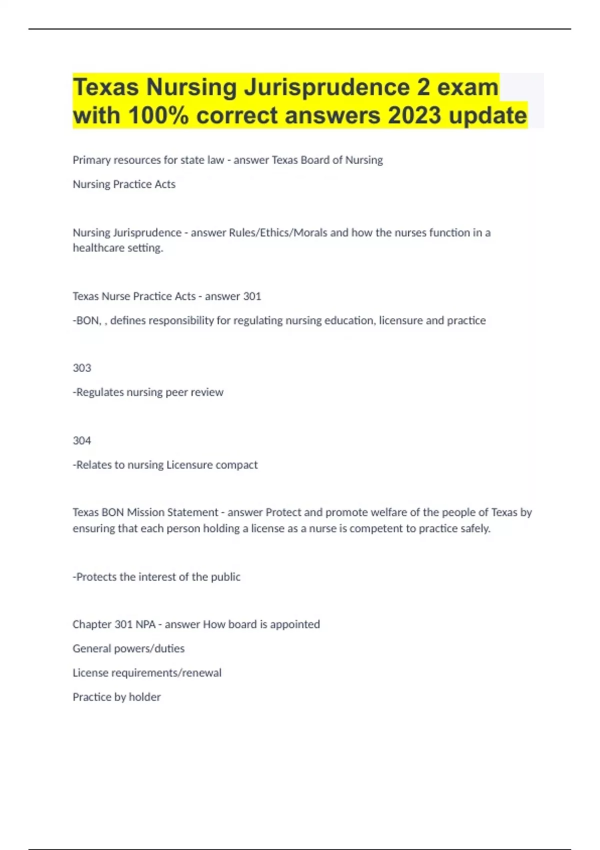 Texas Nursing Jurisprudence 2 exam with 100% correct answers 2023 ...