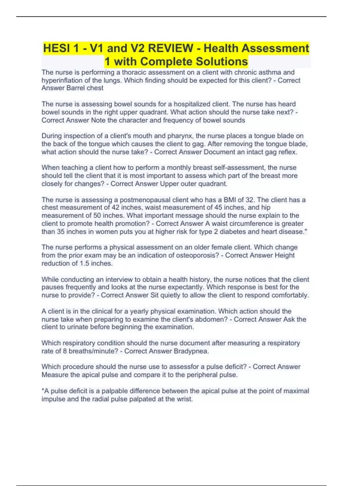 HESI 1 - V1 and V2 REVIEW - Health Assessment 1 with Complete Solutions ...