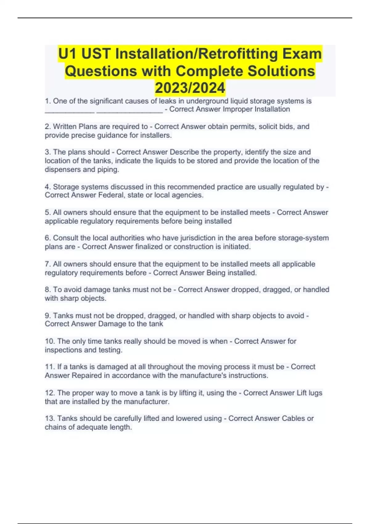 U1 UST Installation/Retrofitting Exam Questions with Complete Solutions ...