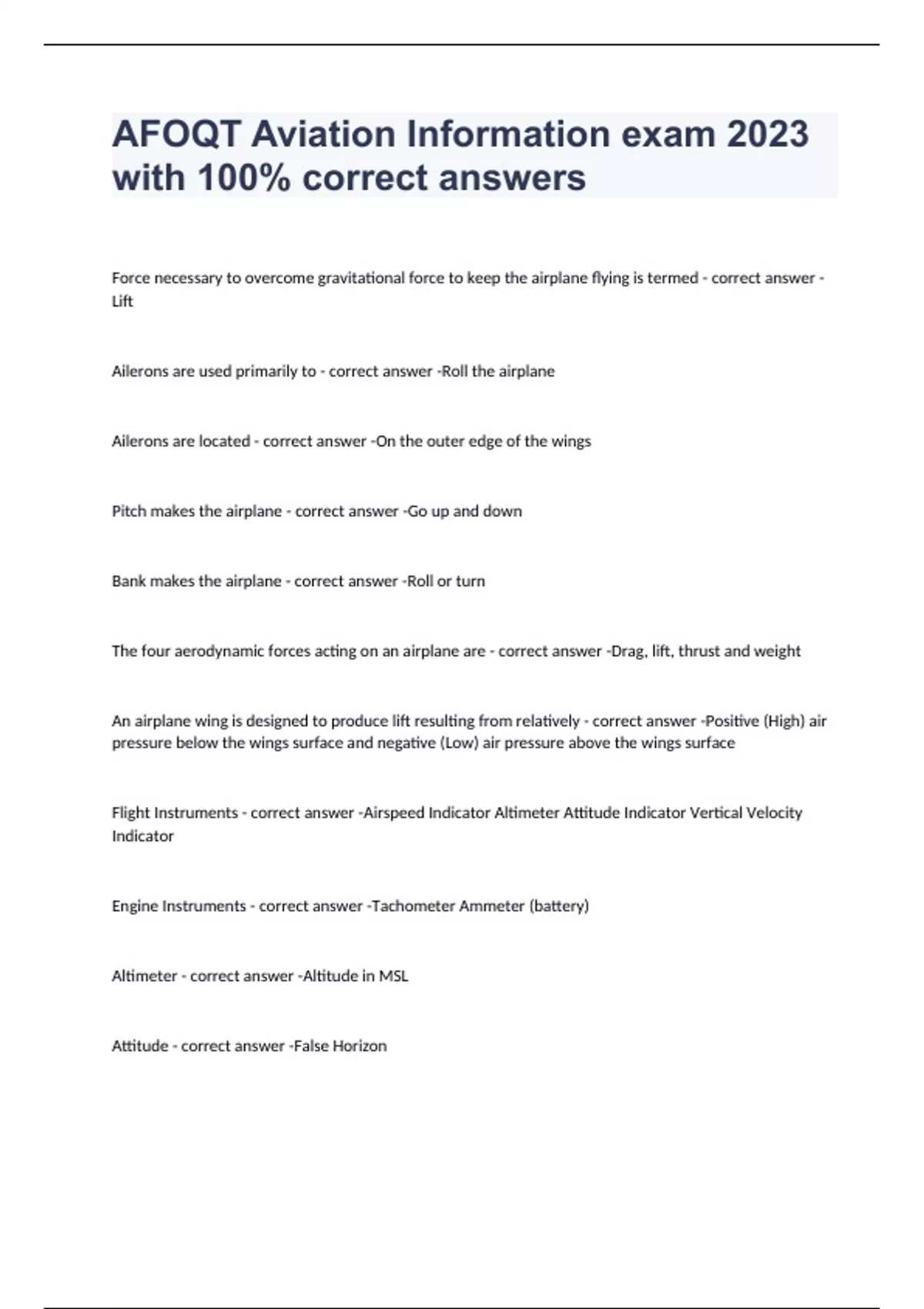 AFOQT Aviation Information exam 2023 with 100% correct answers - AFOQT ...