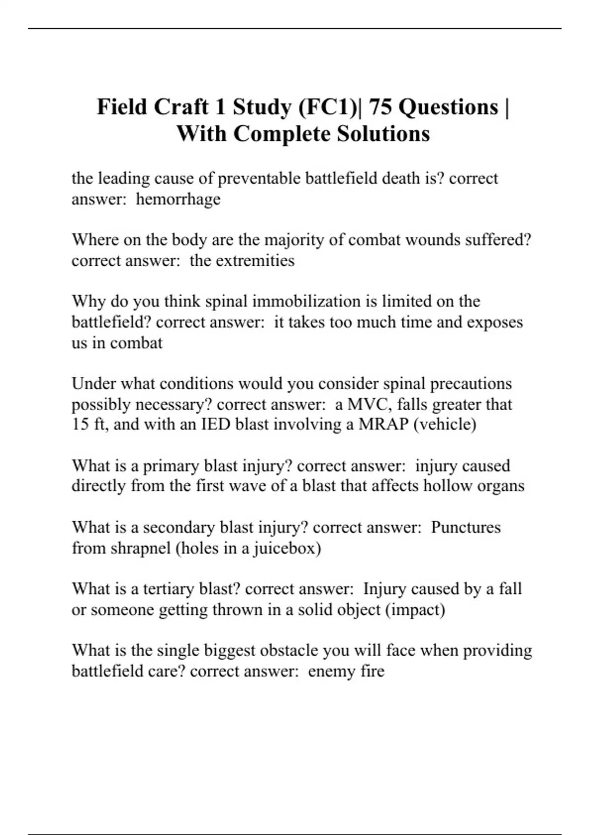 Field Craft 1 Study (FC1)| 75 Questions | With Complete Solutions - FC1 - Stuvia UK