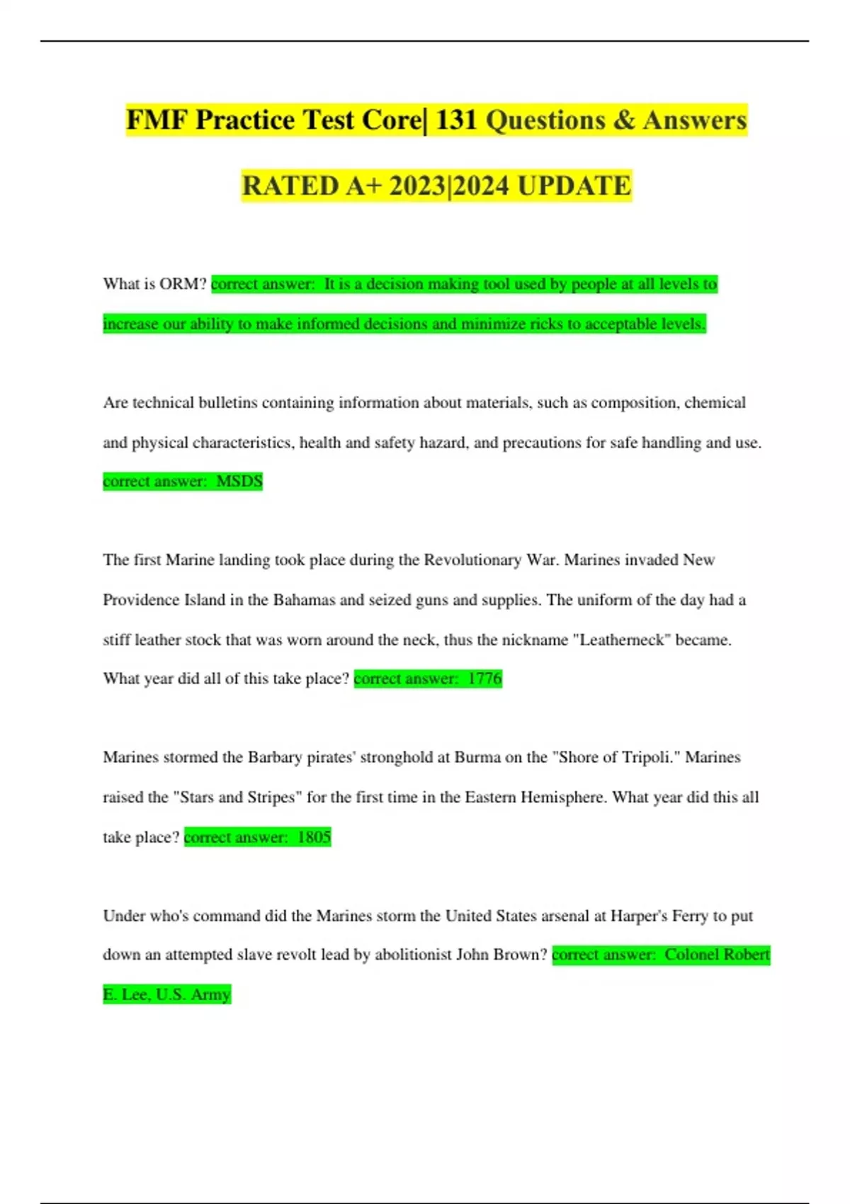 FMF Practice Test Core| 131 Questions & Answers RATED A+ 2023|2024 ...