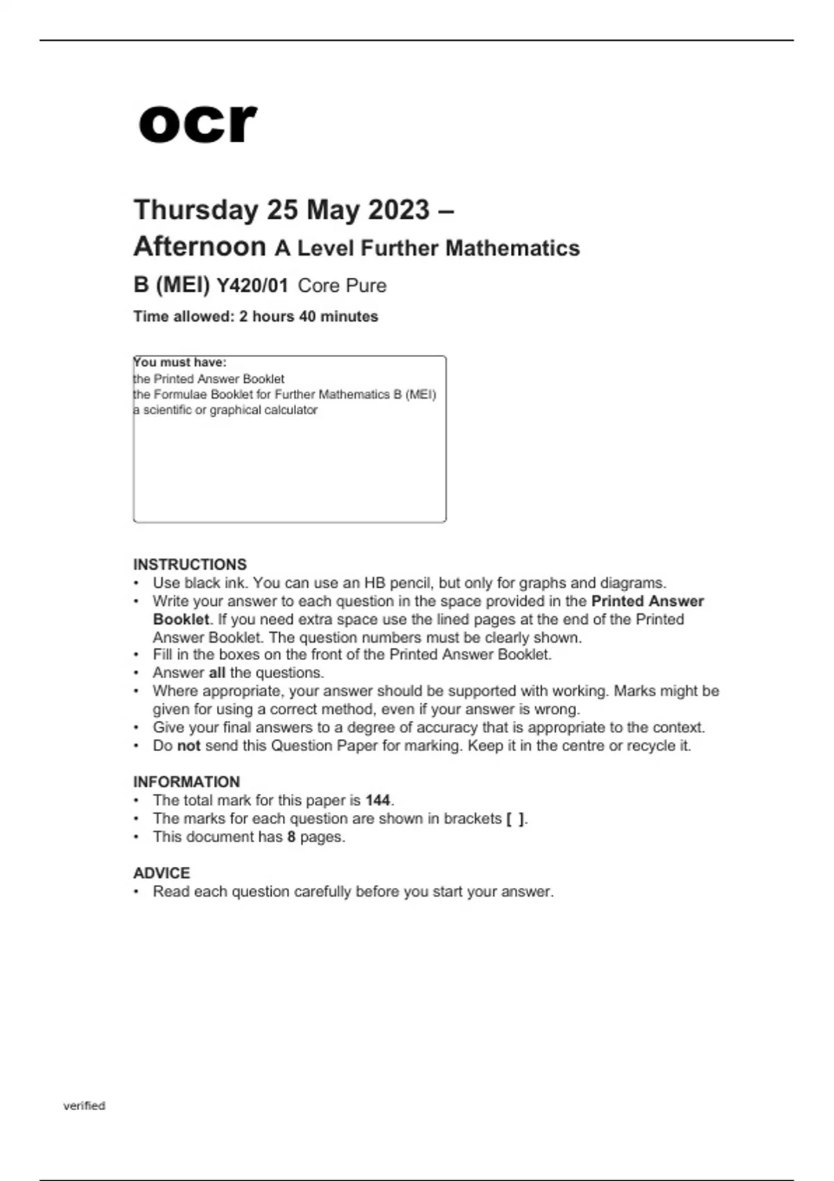 ocr A Level Further Mathematics B (MEI) Y420/01 Question Paper May2023 ...