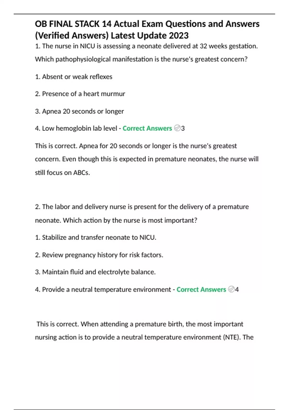 OB FINAL STACK 14 Actual Exam Questions and Answers (Verified Answers ...