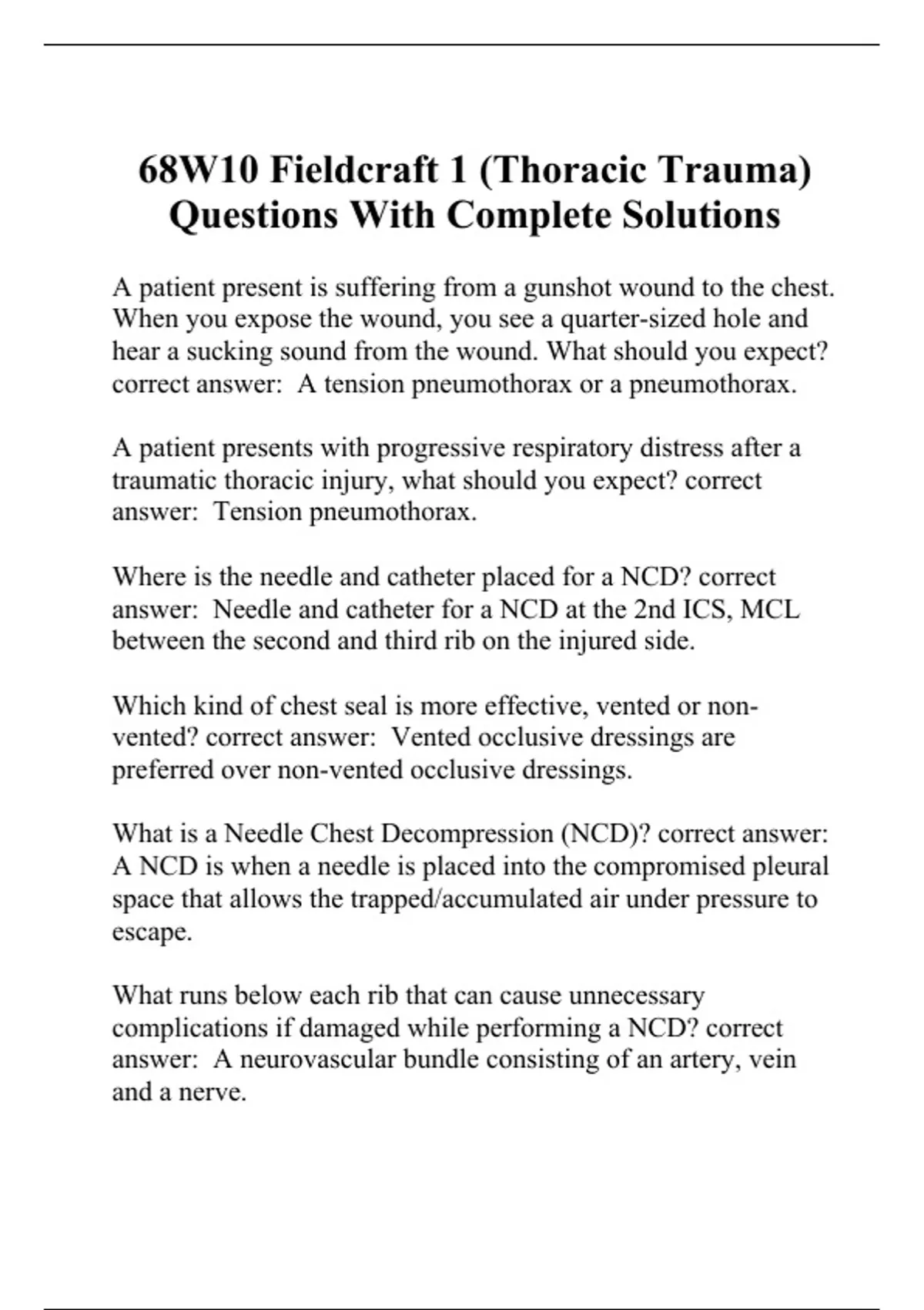 68W10 Fieldcraft 1 (Thoracic Trauma) Questions With Complete Solutions ...